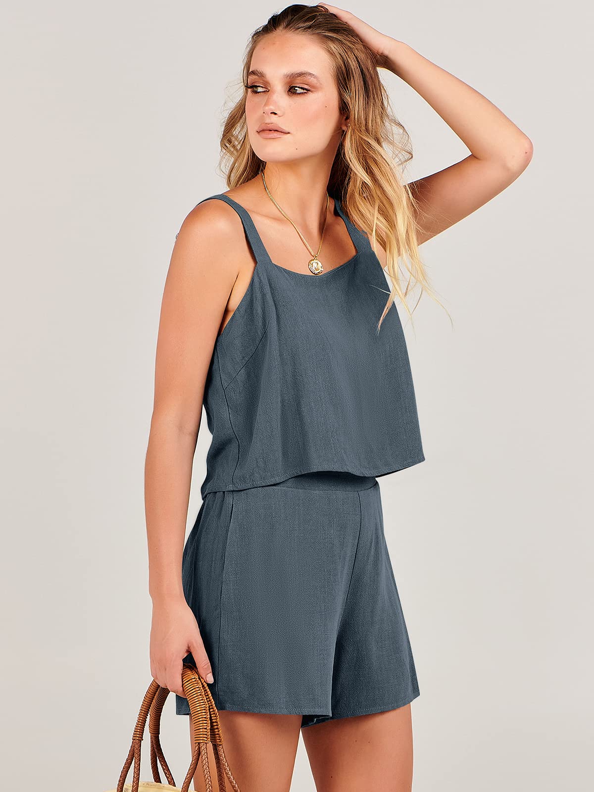 ANRABESS Womens 2 Piece Linen Sets Square Neck Crop Short Lounge Matching Sets 2024 Summer Trendy Beach Outfits 1020shenhui-XL