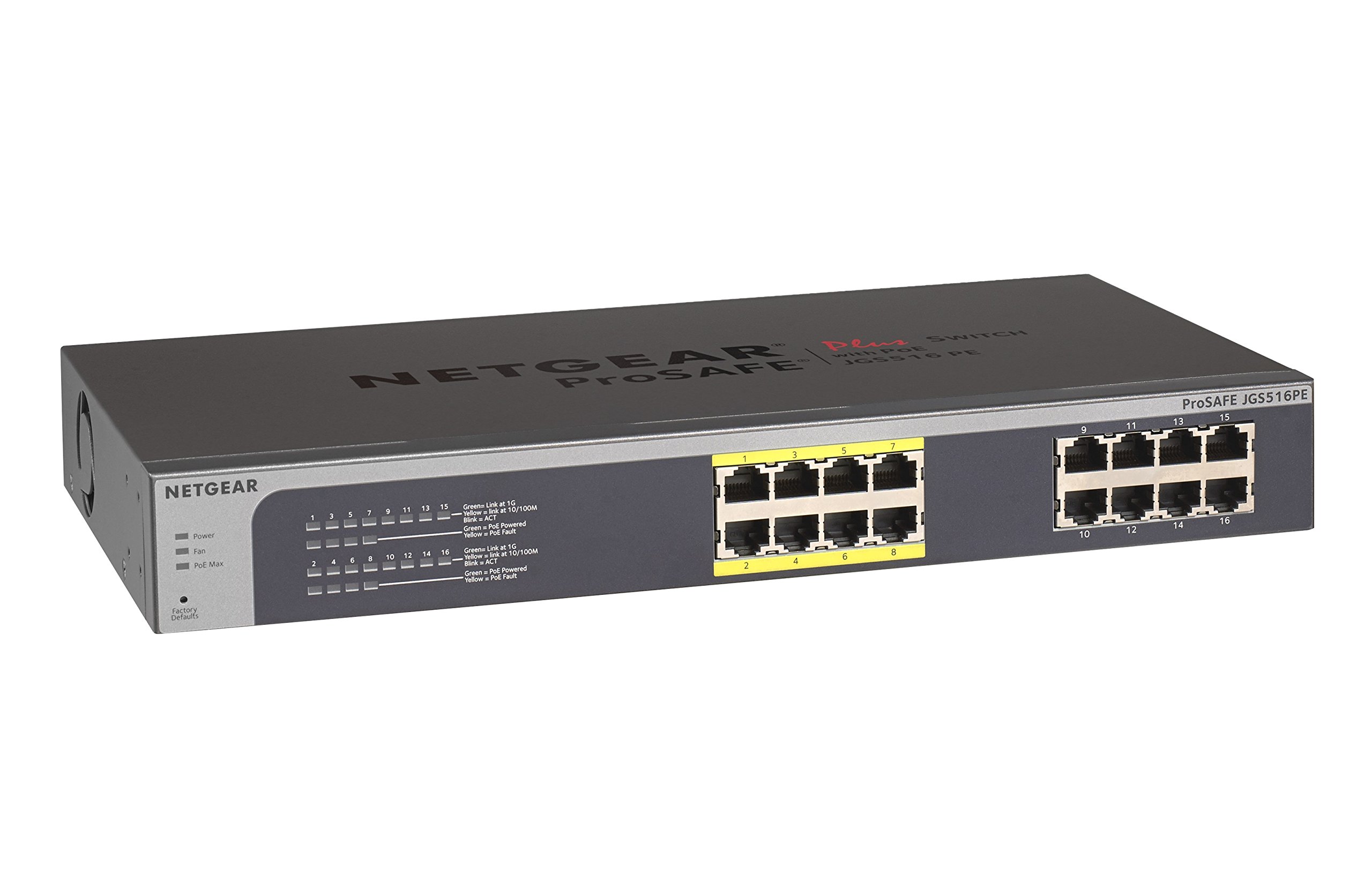 Netgear ProSafe Plus JGS516PE Ethernet Switch - 16 Ports - 8 x POE - 8 x RJ-45 - 10/100/1000Base-T - Desktop JGS516PE-100NAS