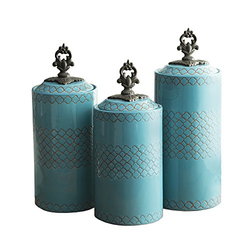 American Atelier Canister 3-Piece Ceramic Set Jar Container with Airtight Stainless Steel Lids 13.5β x 4.5β x 12.4β for Cookies, Candy, Coffee, Flour, Sugar, Rice, Pasta, Cereal & More Blue