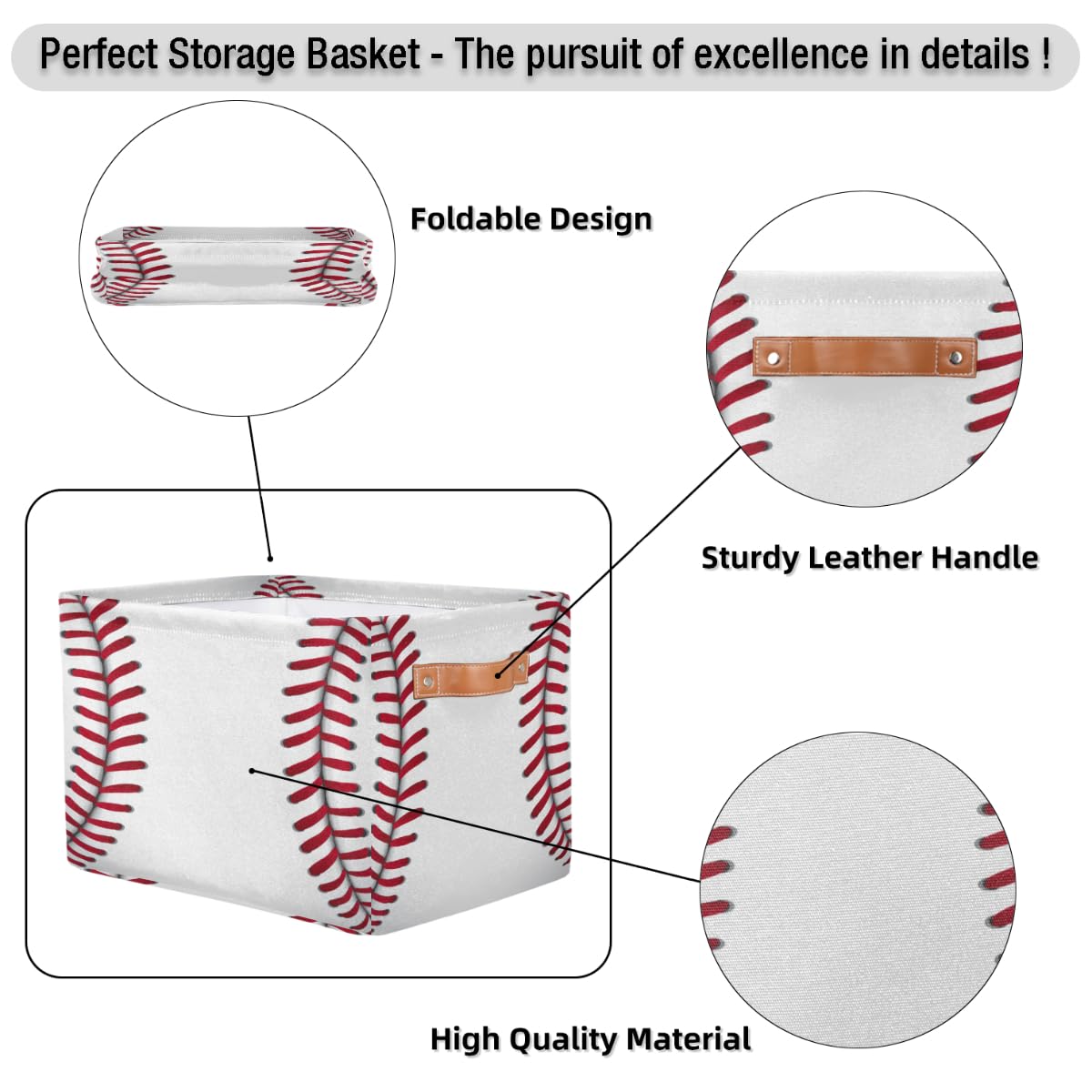 Baseball Storage Bin Basket,Sport Softball Large Toys Storage Cube Box with Handles, Collapsible Laundry Basket Rectangular Waterproof Storage Organizer Bin for Nursery Bedroom Shelves Gift Basket