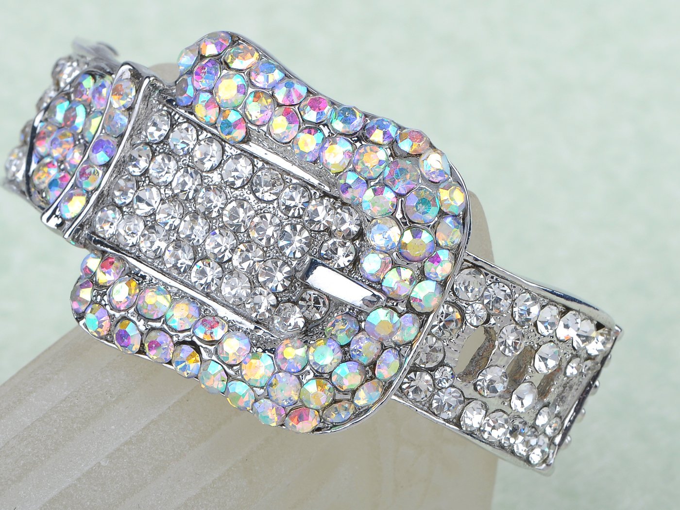 Alilang Silvery Tone Iridescent Clear Crystal Colored Rhinestones Belt Buckle Cuff Bracelet