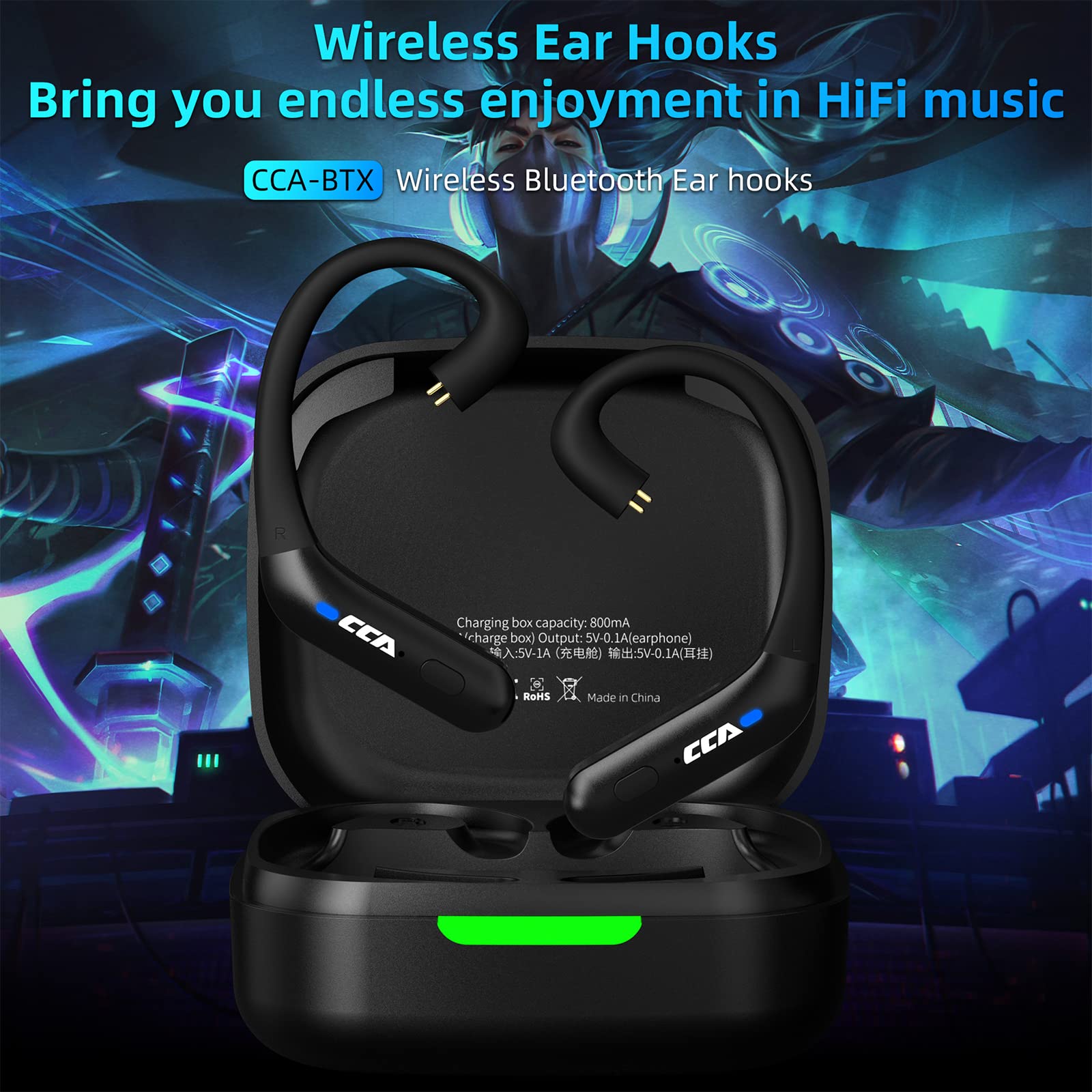 CCA BTX Bluetooth 5.2 Module IEM Bluetooth Adapter with Mic Waterproof Ear Hook Extra Long Battery Life Bluetooth Cable for KZ ZS10 PRO/ZSN Pro X/ZSN PRO/ZSN/AS16/ZAX/DQ6 CA16 /C12/CRA(C pin)