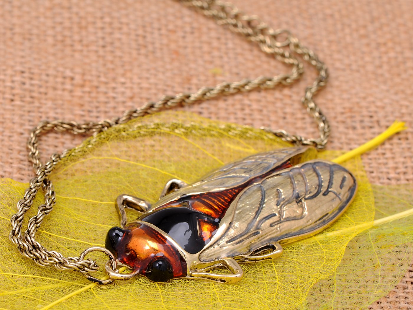 Alilang Big Antique Golden Tone Orange Amber Vintage Insect Cicada Beetle Bug Chain Pendant Necklace