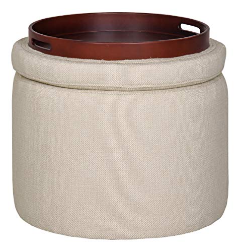 Amazon Brand β Rivet Madison Modern Fabric Round Lift-Top Storage Tray Ottoman Pouf, 19.7"W, Marshmallow