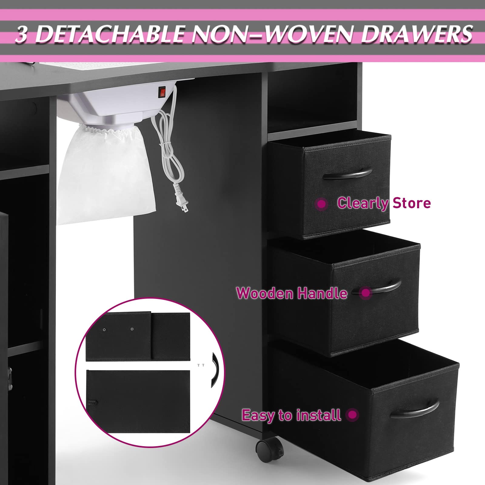 Artist hand Manicure Table, Nail Table, Nail Beauty Manicure Desk, Wrist Cushion, Lockable Wheels, Storage Drawers, Electric Downdraft Vent, White
