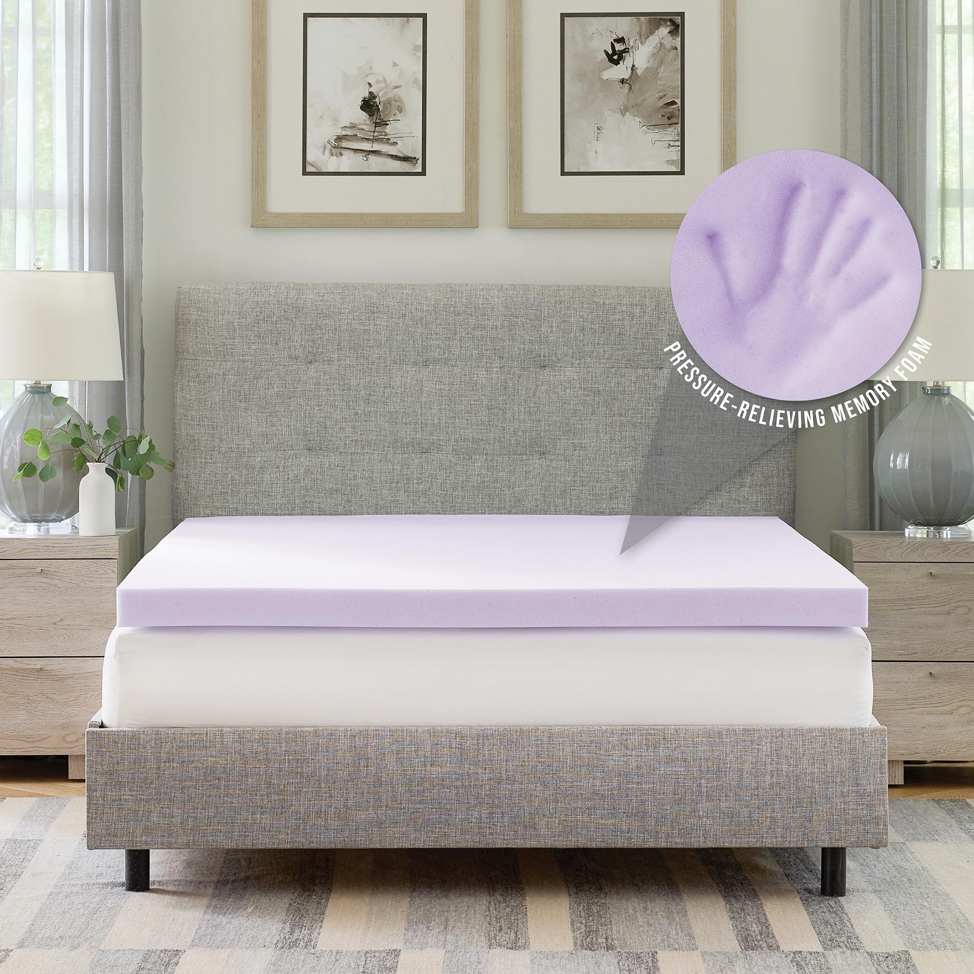 Bodipedic 3 Inch Lavender Memory Foam Mattress Topper, Lavender Infused Mattress Topper, Lavender Scented, CertiPUR-US Certified Foam, Purple