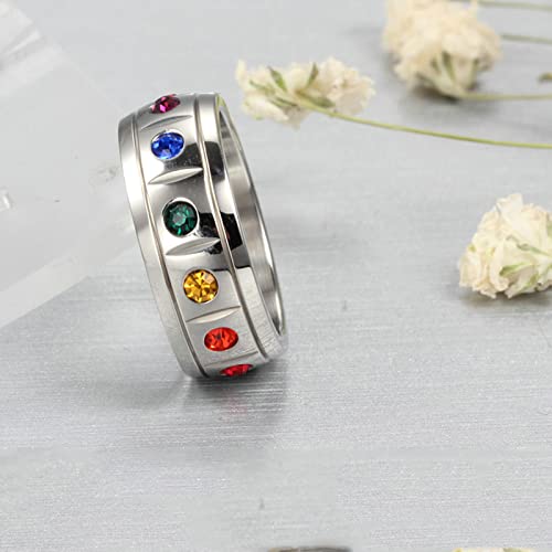 ANAZOZ Stainless Steel Wedding Bands Women and Men, 8MM Cubic Zirconia Rainbow Engraved Ring for Him and Her, Women Size 9 + Men Size 8