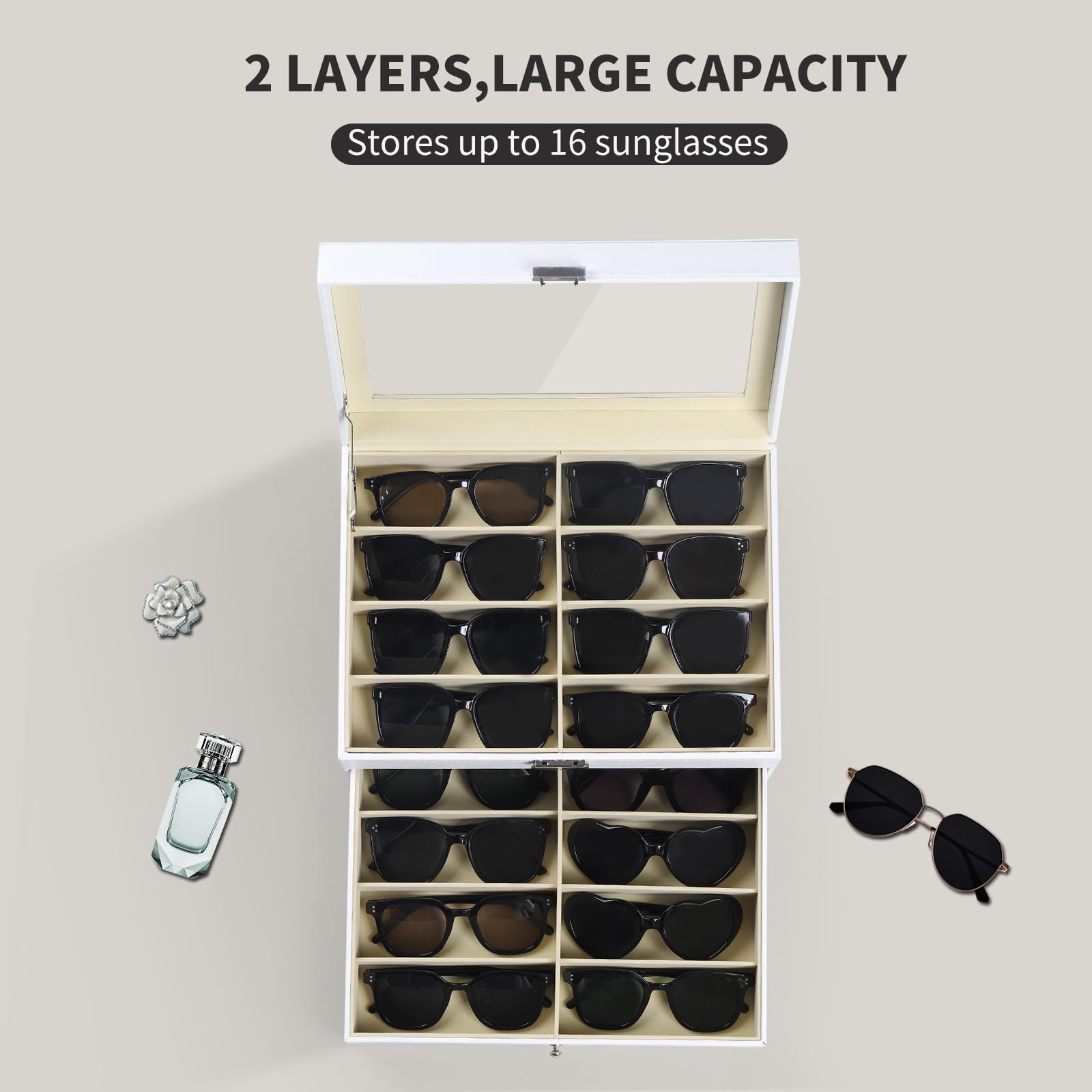 AUTOARK Leather 16 Piece Eyeglasses Storage and Sunglass Glasses Display Drawer Lockable Case Organizer,White,AW-151