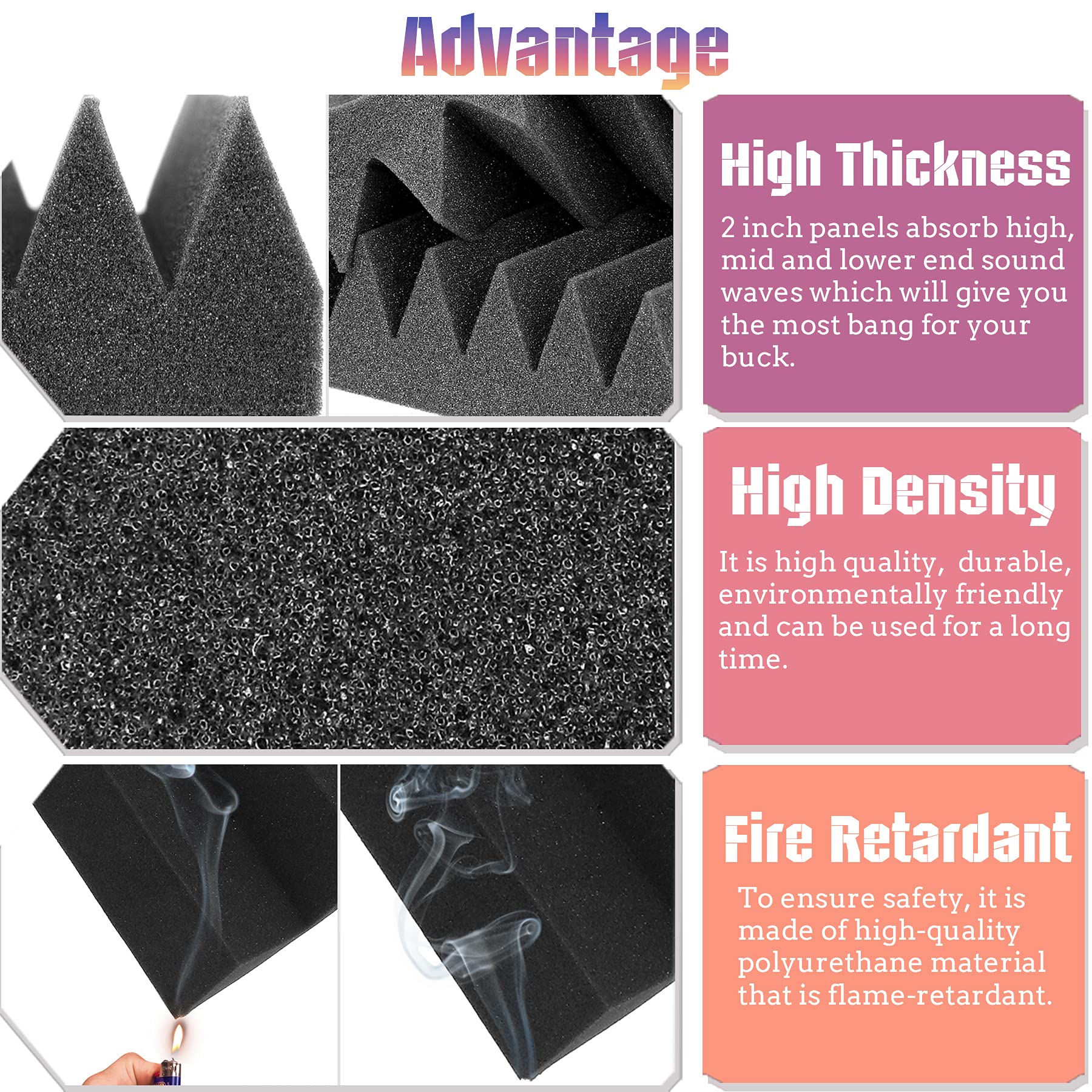 Acoustic Foam Panels 12 Pack 2βx12βx12β Sound Proof Padding Soundproofing Studio Foam Wedges (12 Square Feet)