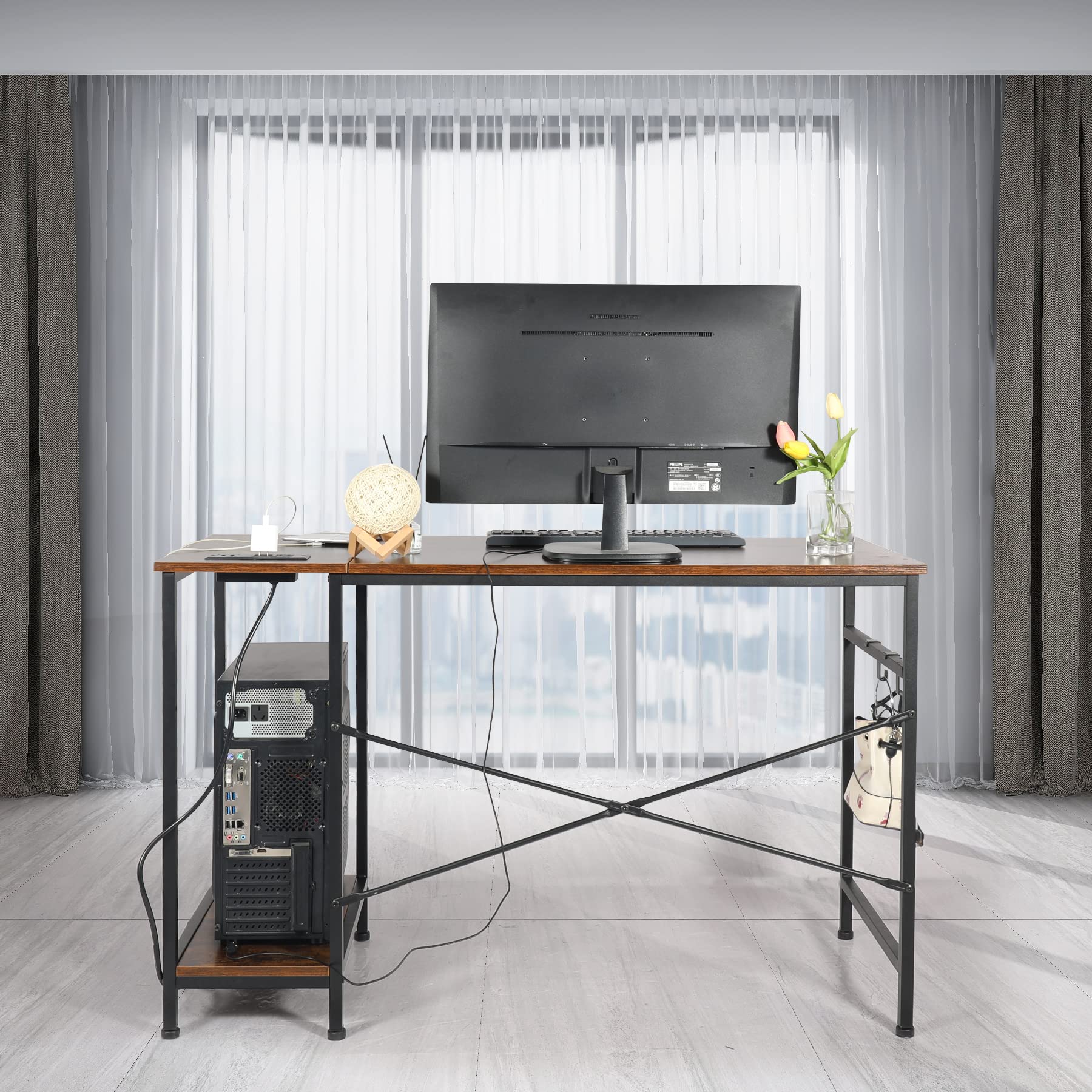 AKVOMBI 47 Inch Computer Desk with Adjustable Shelves & Power Outlet, Small Writing Desk for Small Spaces, Industrial Home Office Desk with USB Port, 2 Hooks, Rustic Brown
