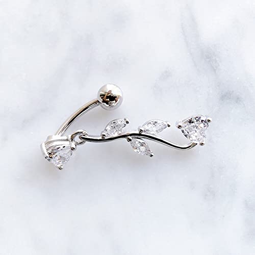Arardo Sterling Silver Top Down Reverse Belly Button Rings, Real 925 Sterling Silver Belly Rings, 14G Reverse Belly Button Ring, Sterling Silver Navel Piercing Rings, Dangle Leaves, 10mm, SS50-1