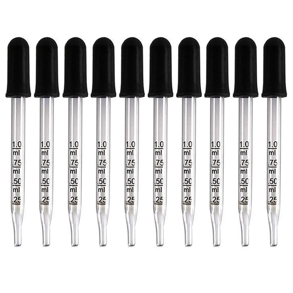 ccHuDE 10 Pcs 1ml Straight Tip Droppers Glass Eye Droppers Liquid Measuring Droppers Lab Dropping Pipettes Essential Oil Droppers with Black Rubber Head