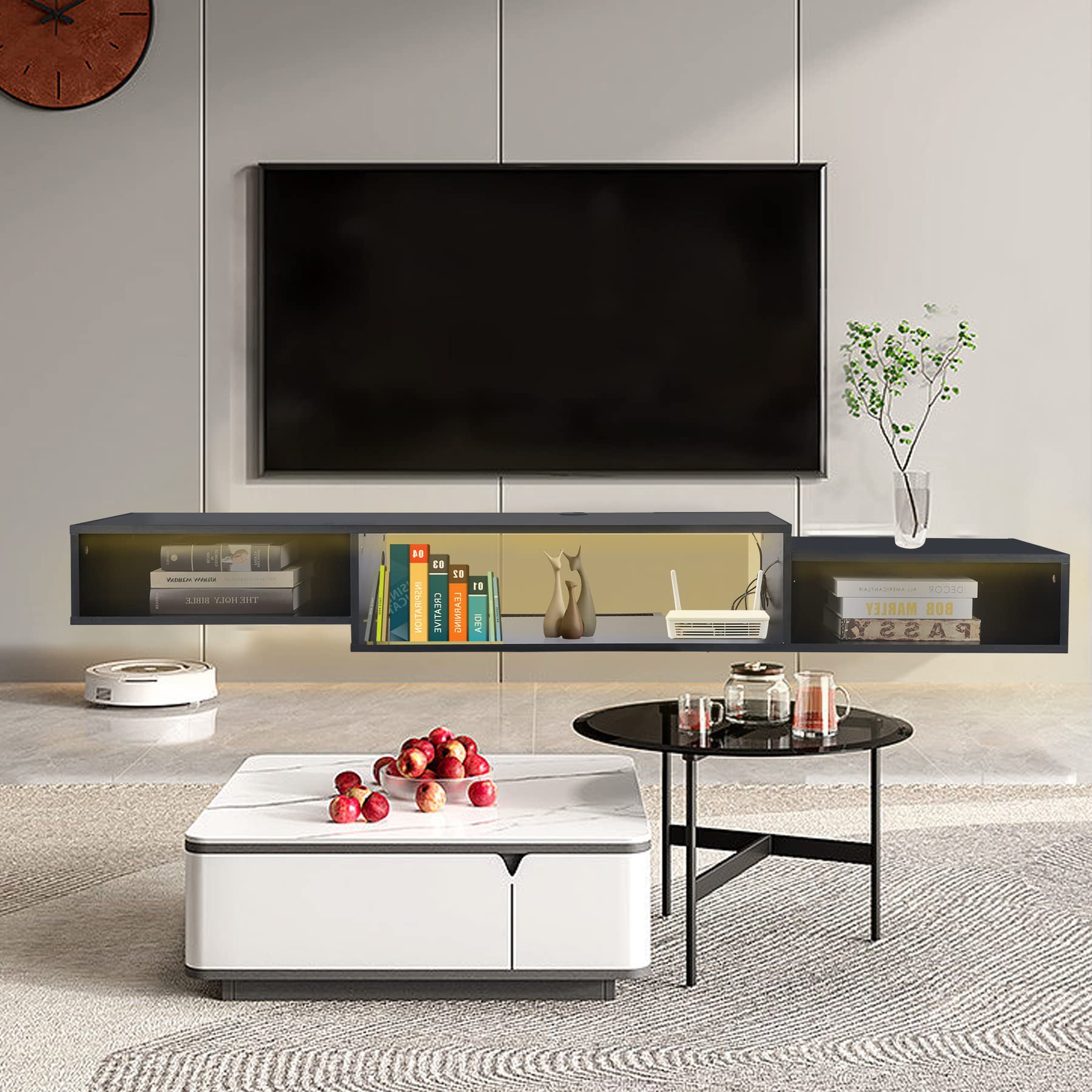 AKVOMBI 71" Floating TV Stand Wall Mounted, Floating Wall Shelf with Led Lights and Power Outlet, Floating Wall Media Console for Living Room Bedroom, Brown
