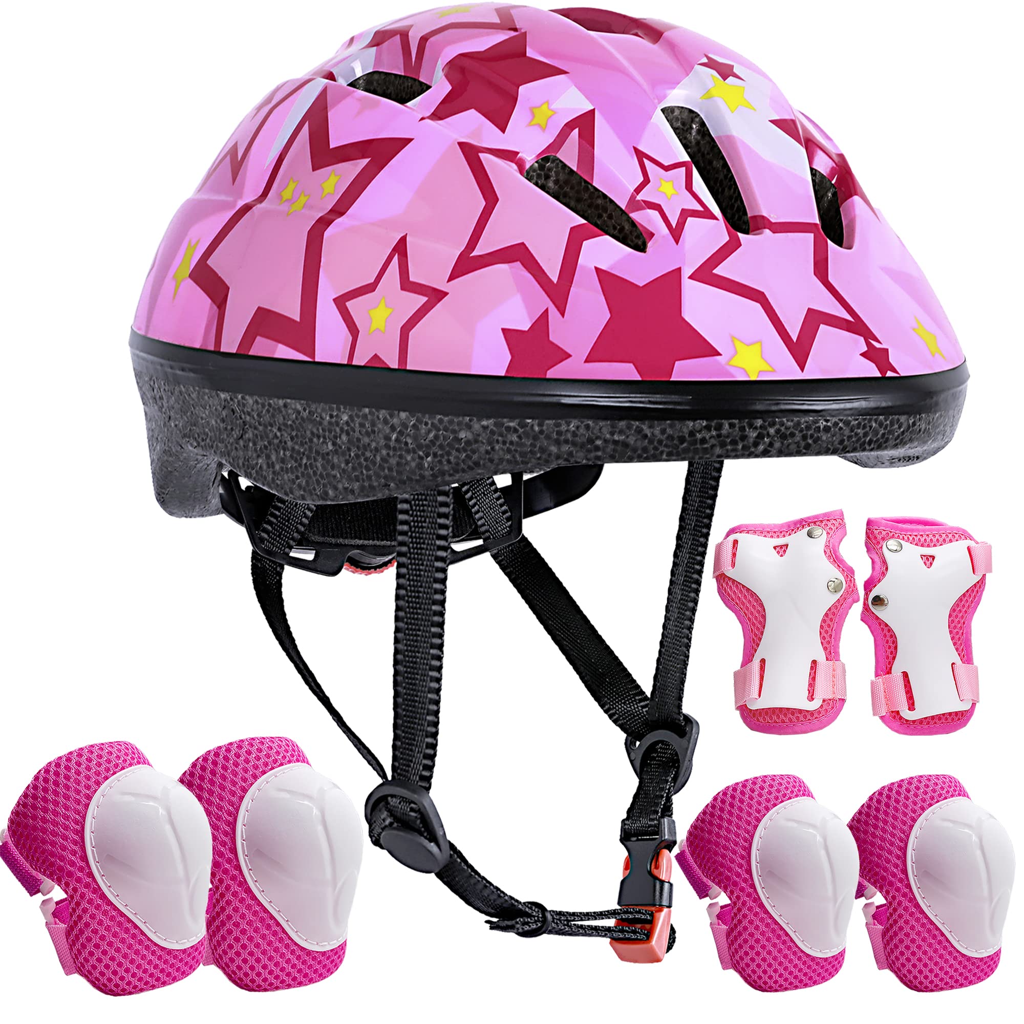 Asslen Kids Bike Helmet Suitable for Ages 3-8 Years Boys Girls, Adjustable Toddler Helmet with Knee Elbow Pads Wrist Guards Sports Protective Gear Set for Bike Bicycle Skateboard Scooter-Pink