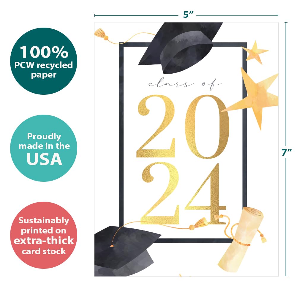 Tree-Free Greetings Graduation Greeting Card with Matching Envelope, Eco Friendly, Made in USA, 100% Recycled Paper, 5 x 7, 2024 Congrats Cap (GO68779)