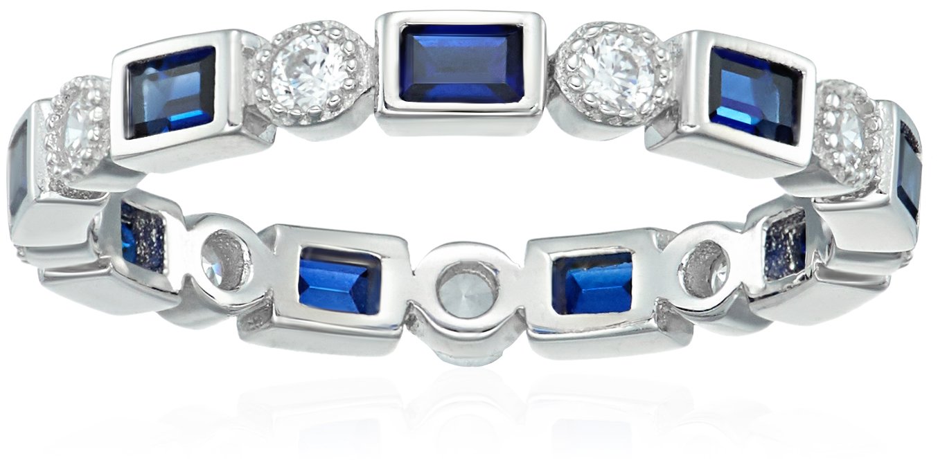 Amazon Essentials Platinum Plated Sterling Silver Created Sapphire Eternity band Infinite Elements Cubic Zirconia Accents Ring, Size 6 (previously Amazon Collection)