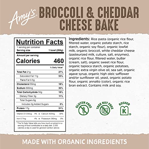 Amy's Frozen Meals, Broccoli and Cheddar Cheese Bake, Made With Organic Rice Pasta and Veggies, Gluten Free Microwave Meals, 9.5 Oz