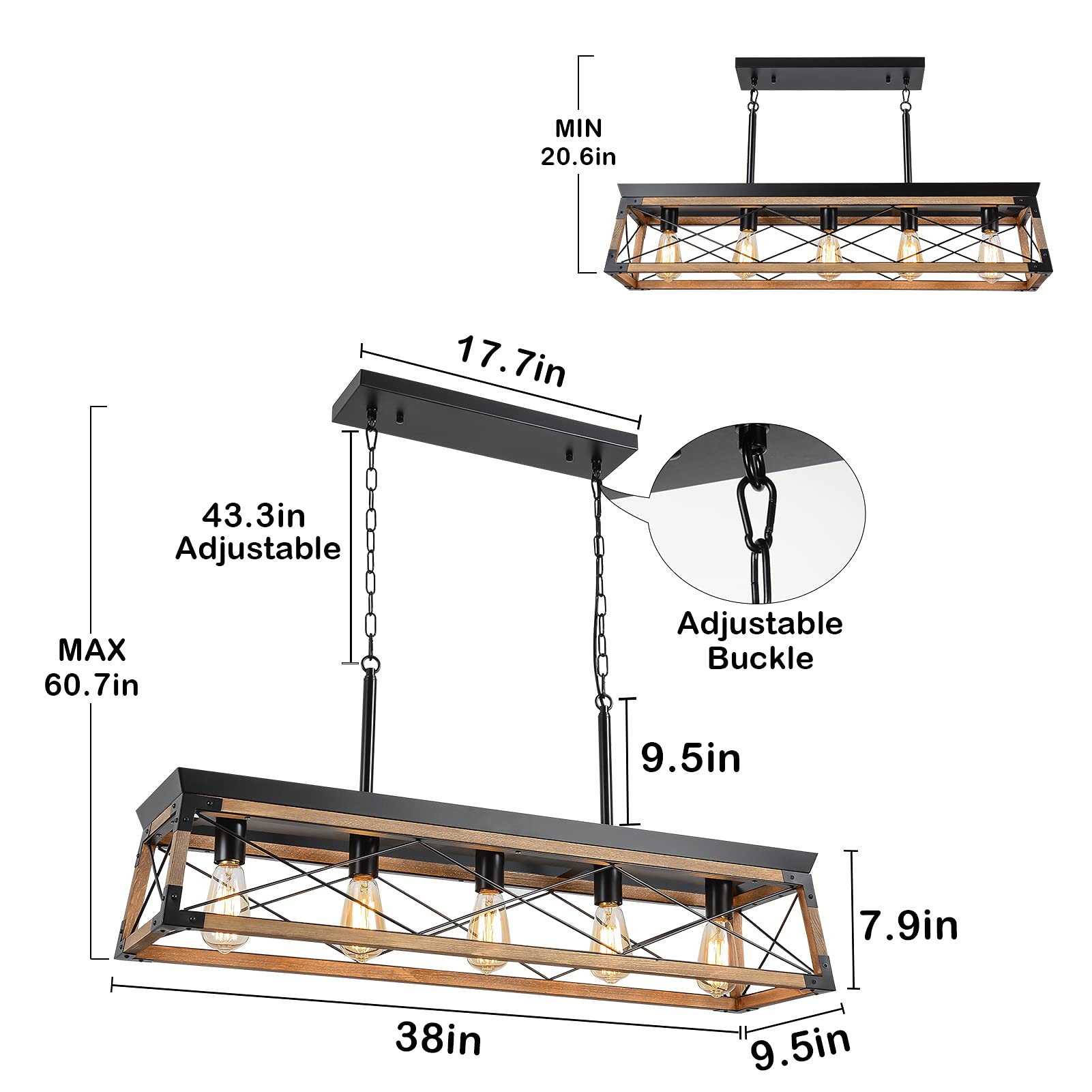 Aivvus 37.8 inch Farmhouse Wood Chandeliers, Rectangle 5 Lights Dining Room Lighting Fixtures Hanging, Kitchen Island Cage Industrial Pendant Light, Rustic Linear Chandelier Ceiling Light, Adjustable
