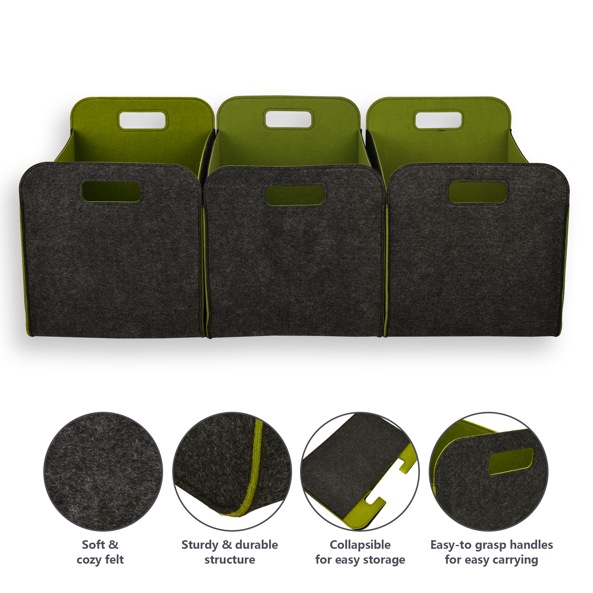 Acrola 3-Pack of FlexForm DuoTone Felt Storage Bins: 16.5"x11.8"x11.8" - Premium Double-Layered Design, Collapsible & Spacious - Perfect for Home & Office Organization (Green)