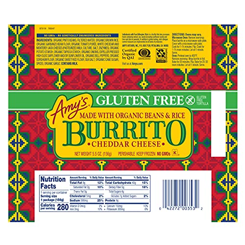 Amy's Frozen Meals, Gluten Free Cheddar Cheese Burrito with Beans and Rice, Made With Organic Beans and Rice, Microwave Meals, 5.5 Oz