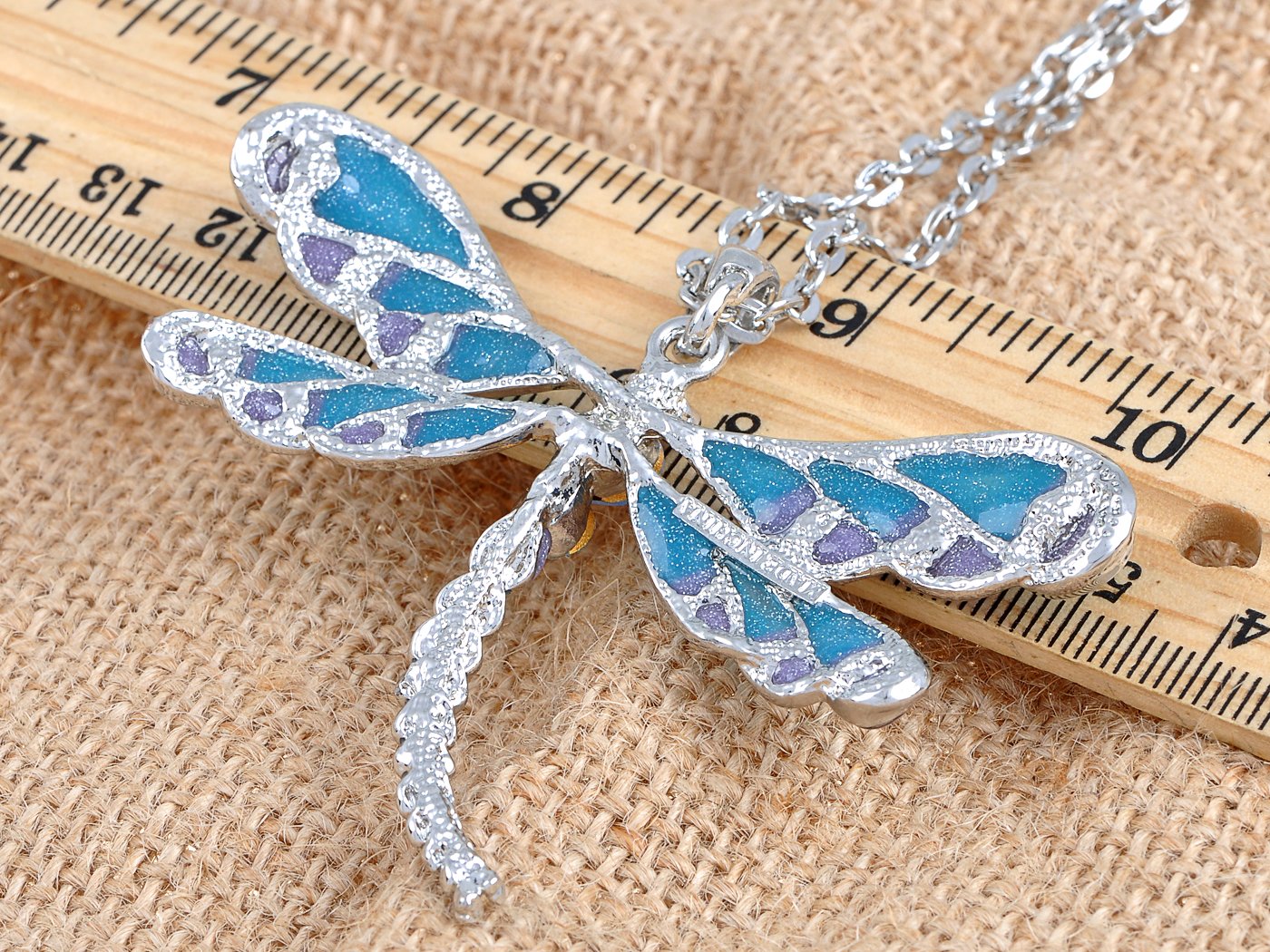 Alilang Womens Blue Purple Glitter Enamel Rhinestone Dragonfly Pendant Necklace Over Silvery Tone