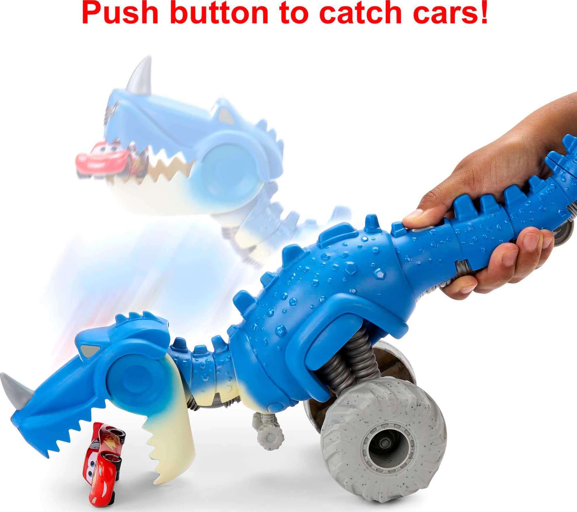 Mattel Disney and Pixar Cars On the Road Dinosaur Toy Vehicle that Eats Cars, Roll-and-Chomp with Tail Steering, 17-inch