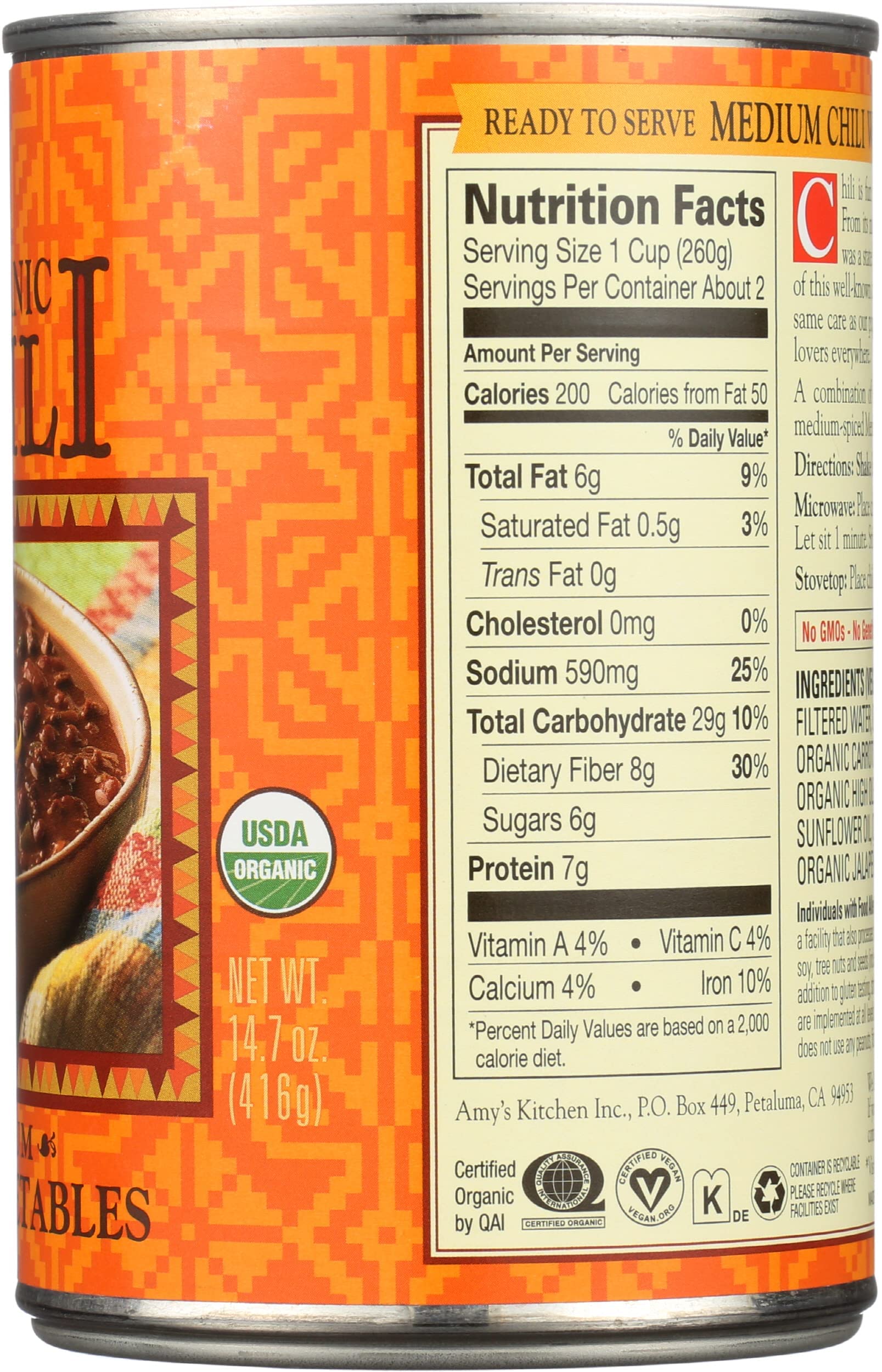 Amy's Organic Chili, Vegan Medium Chili, Gluten Free, Made With Organic Vegetables, 14.7 Oz