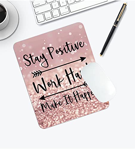 Amcove Gaming Mouse Pad Custom, Stay Positive Work Hard and Make It Happen Inspirational Quotes Mouse pad Art Rose Gold and Silver Glitter Black Quote