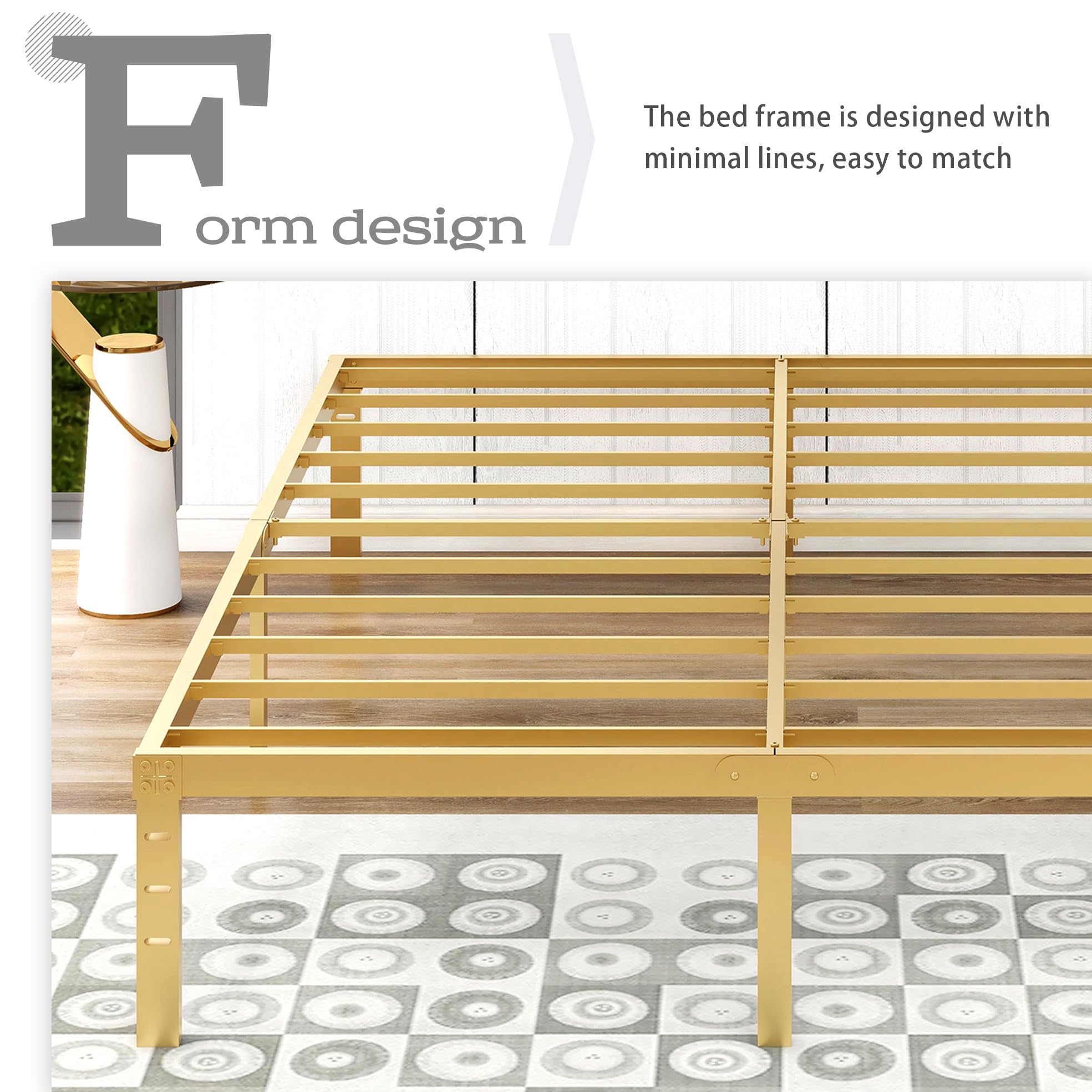 alazyhome Full Size Bed Frame 14 Inch Metal Platform Bed Frame Heavy Duty Steel Slats Support No Box Spring Needed Noise-Free Easy Assembly Gold