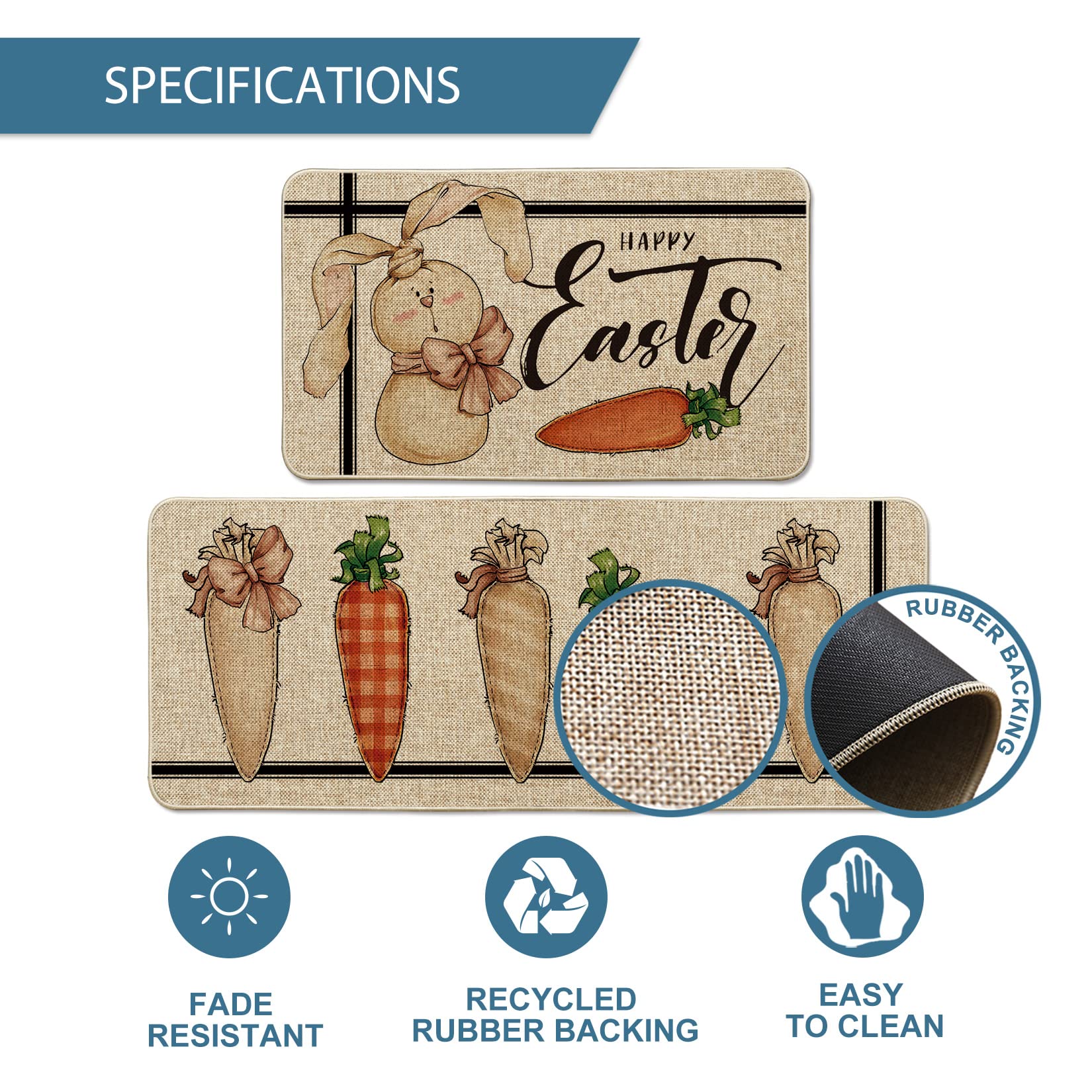 Artoid Mode French Stripes Bunny Doll Carrots Easter Kitchen Mats Set of 2, Home Decor Low-Profile Kitchen Rugs for Floor - 17x29 and 17x47 Inch