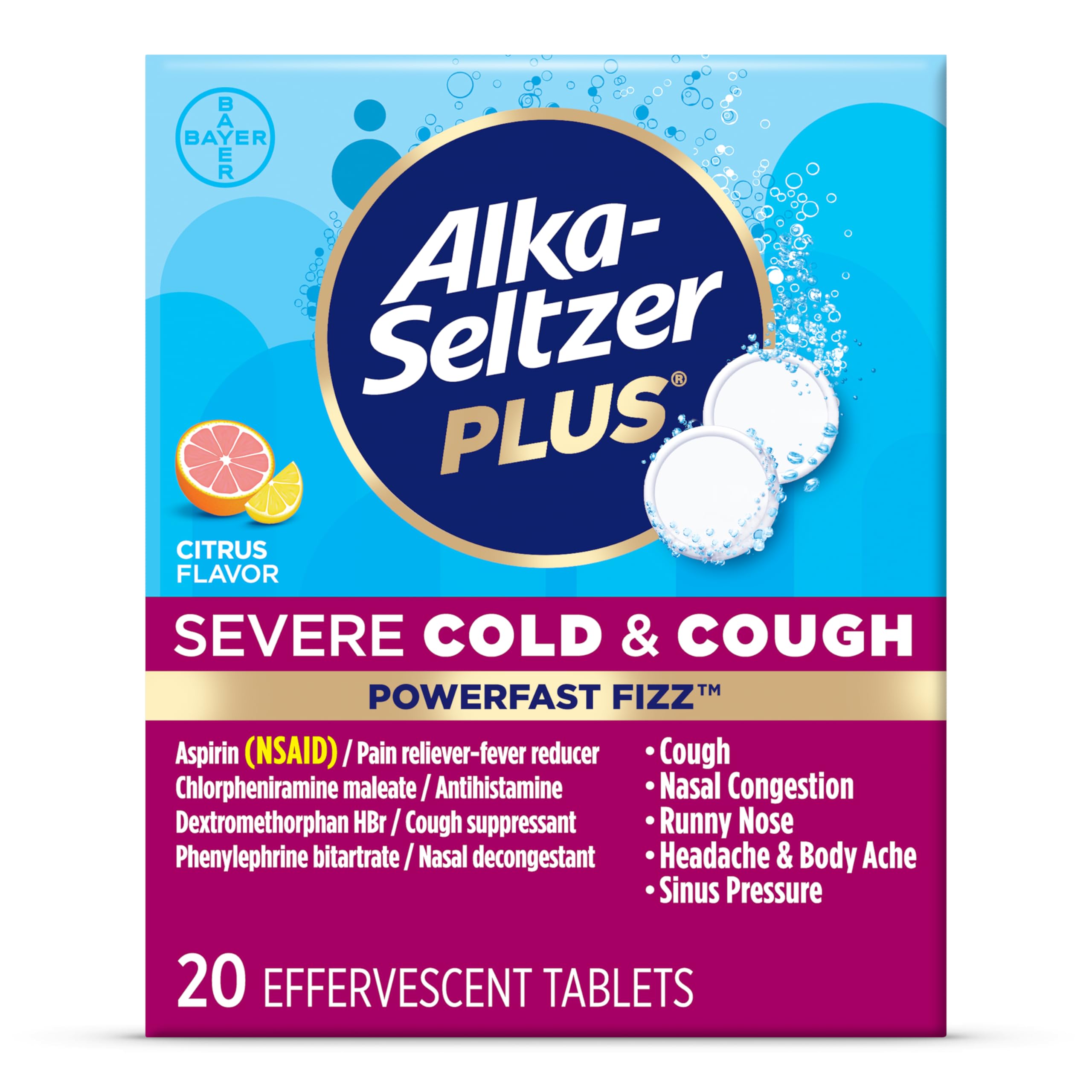 ALKA SELTZER PLUS Severe Non-Drowsy Cold & Cough Powerfast Fizz Effervescent Common Cold Tablets, Sinus Congestion, Runny Nose, and Dry Cough, Citrus Flavor, 20 Count (Pack of 1)