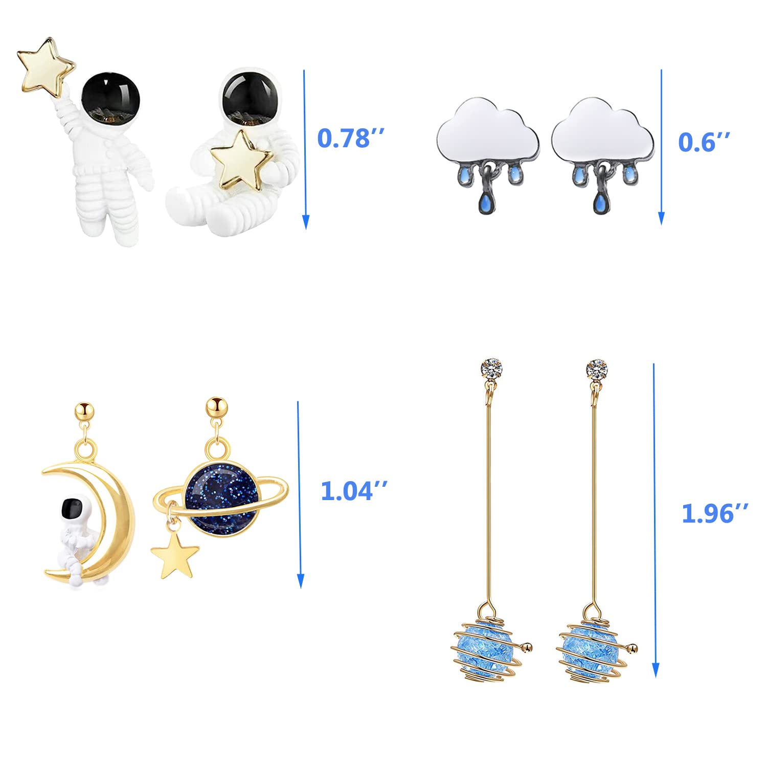 Astronaut Stud Earrings, 4 Pairs Creative Asymmetric Spaceman Star Moon Stud Earrings Planet Dangle Cloud Rain Drop Earrings for Girls Kids Women