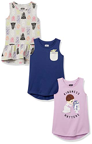 Amazon Essentials Disney | Star Wars | Frozen Girls' Sleeveless Tunic T-Shirts, Pack of 3, Star Wars Troopers, Medium
