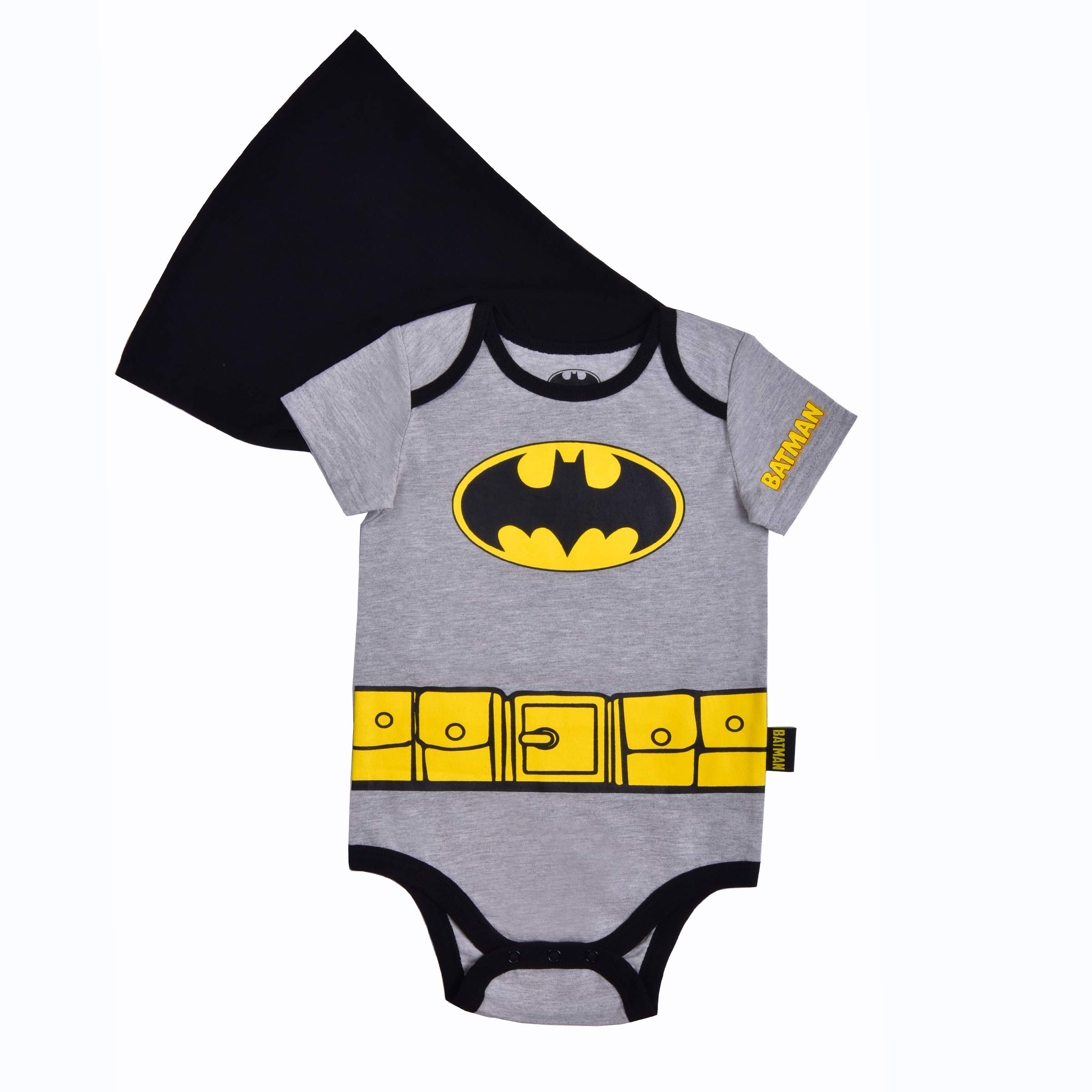 BATMAN Boys’ Bodysuit With Cape and Hat Set for Newborn and Infant – Grey/Black