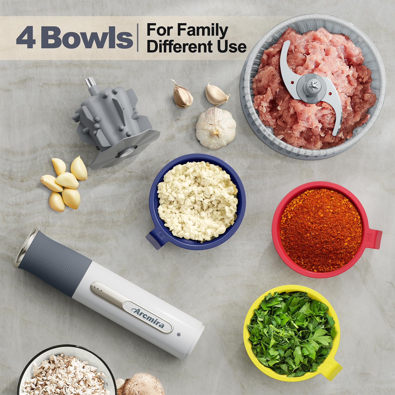 Arcmira Food Processor Cordless with 4 Bowls & 2 Blades, 3-in-1 Multifunction Electric Chopper/Meat Grinder/Vegetable Chopper/Garlic Peeler, Ideal for Chopping Meat, Veggie, Onion, Garlic & Baby Food