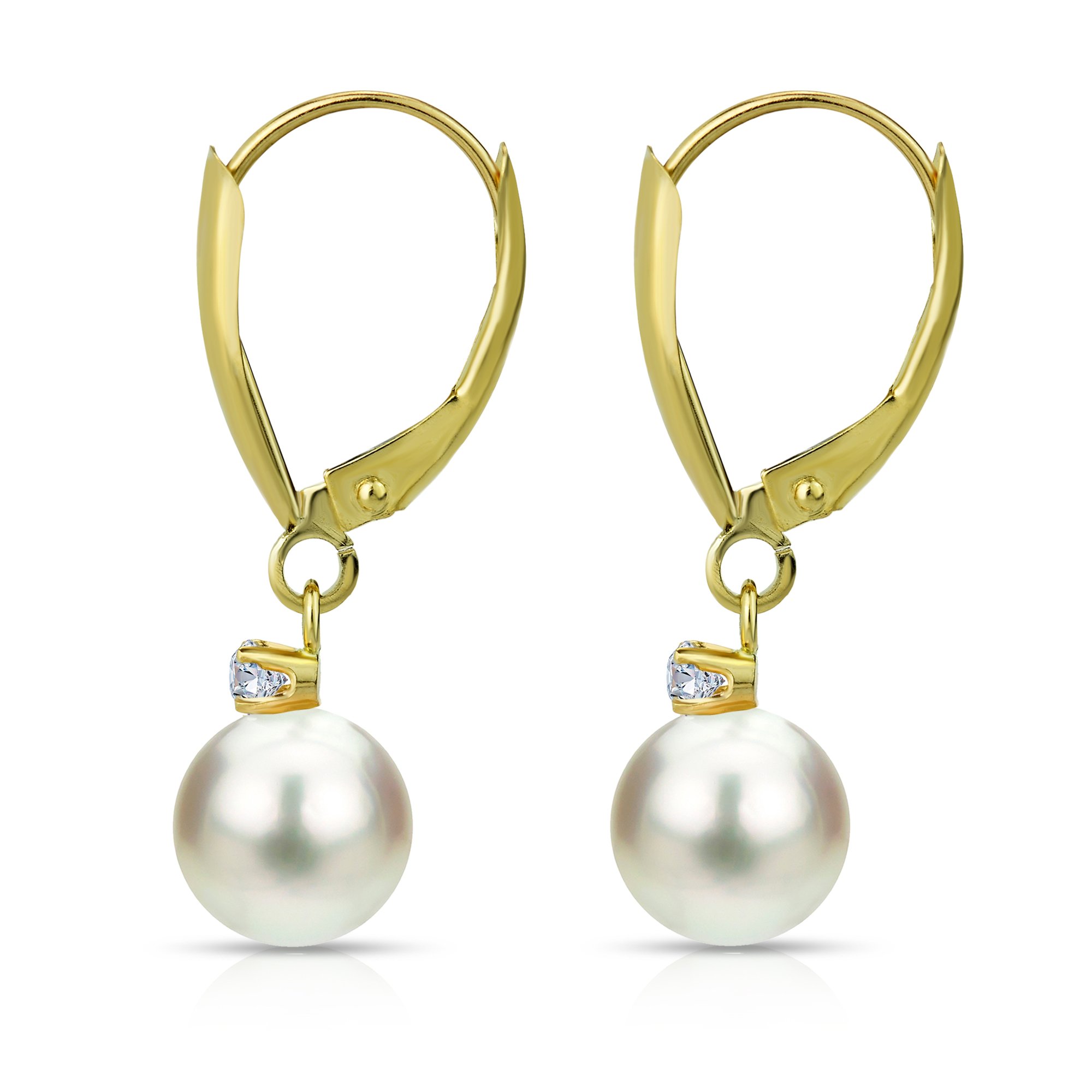 Amazon Collection 14k Yellow Gold 1/16cttw Diamond with 7-7.5mm Round White Freshwater Cultured Pearl Lever-Back Dangle Earrings