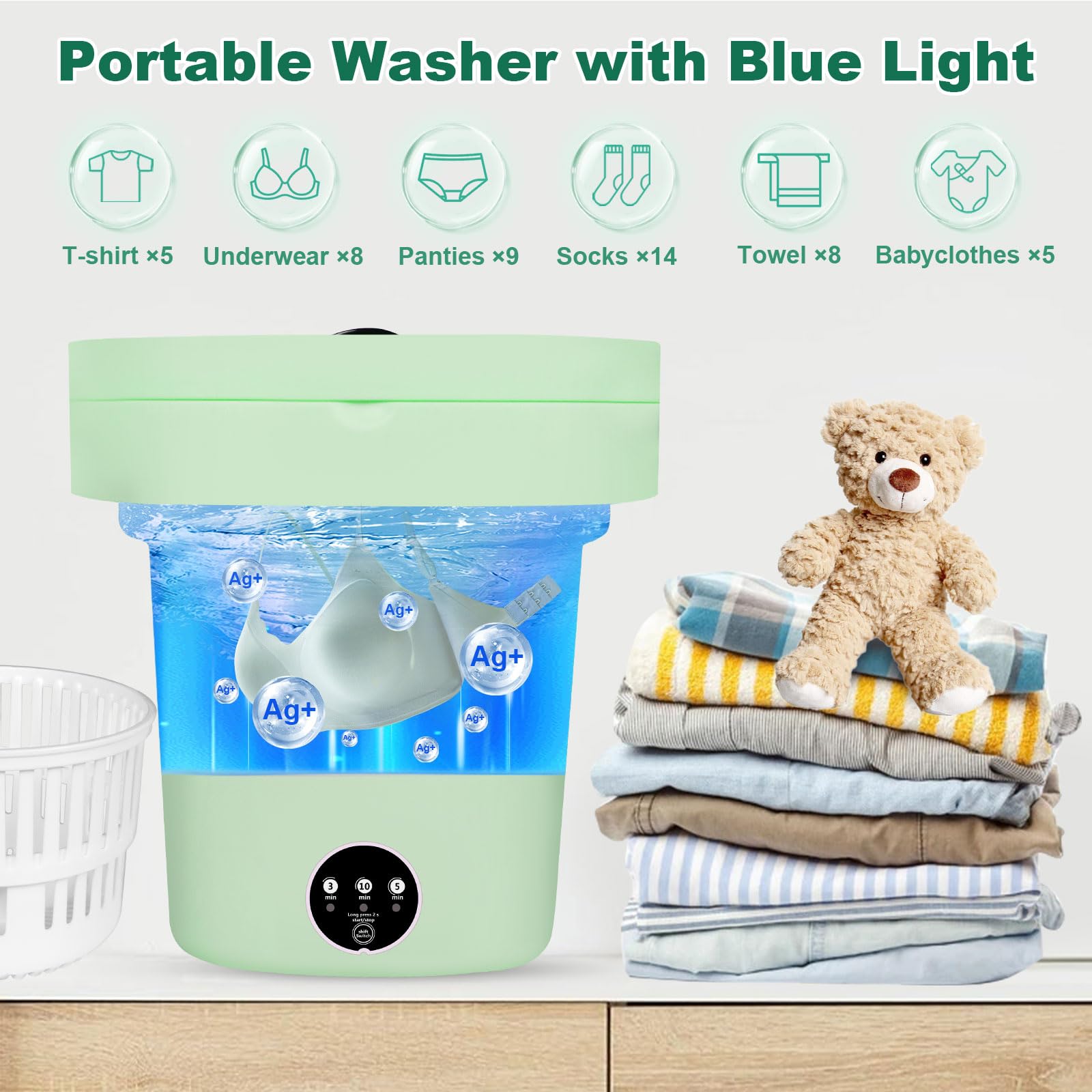 HULKNPEW Portable Washing Machine,Floading Washing Machine Upgraded 8L Large Capacity Foldable Washer,Fast and Deep Cleaning,Suitable for Apartments,Dormitories,Camping,RV,Travel,Hotel etc (Green)