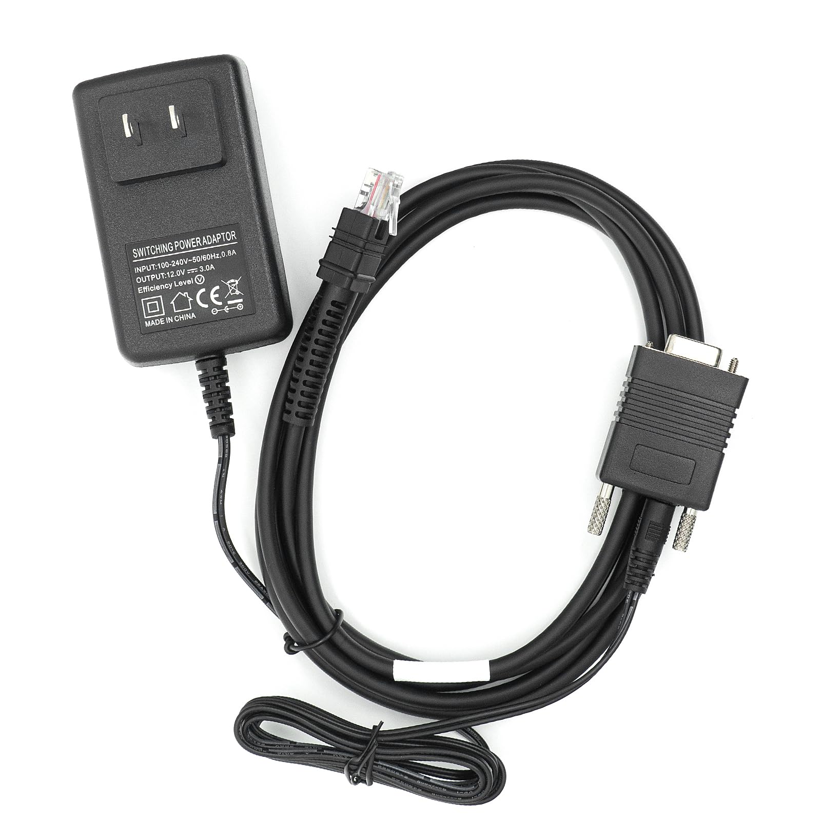 CARPSDZY DS3678 RS232 Serial Cable with 12V Power Supply for Zebra DS3608 DS3678 LI3608 LI3678 Handheld Barcode Scanner, RJ-45 Interface to DB9 Female Connector, 6.5FT(2M) Straight, 9 Pin, 12V