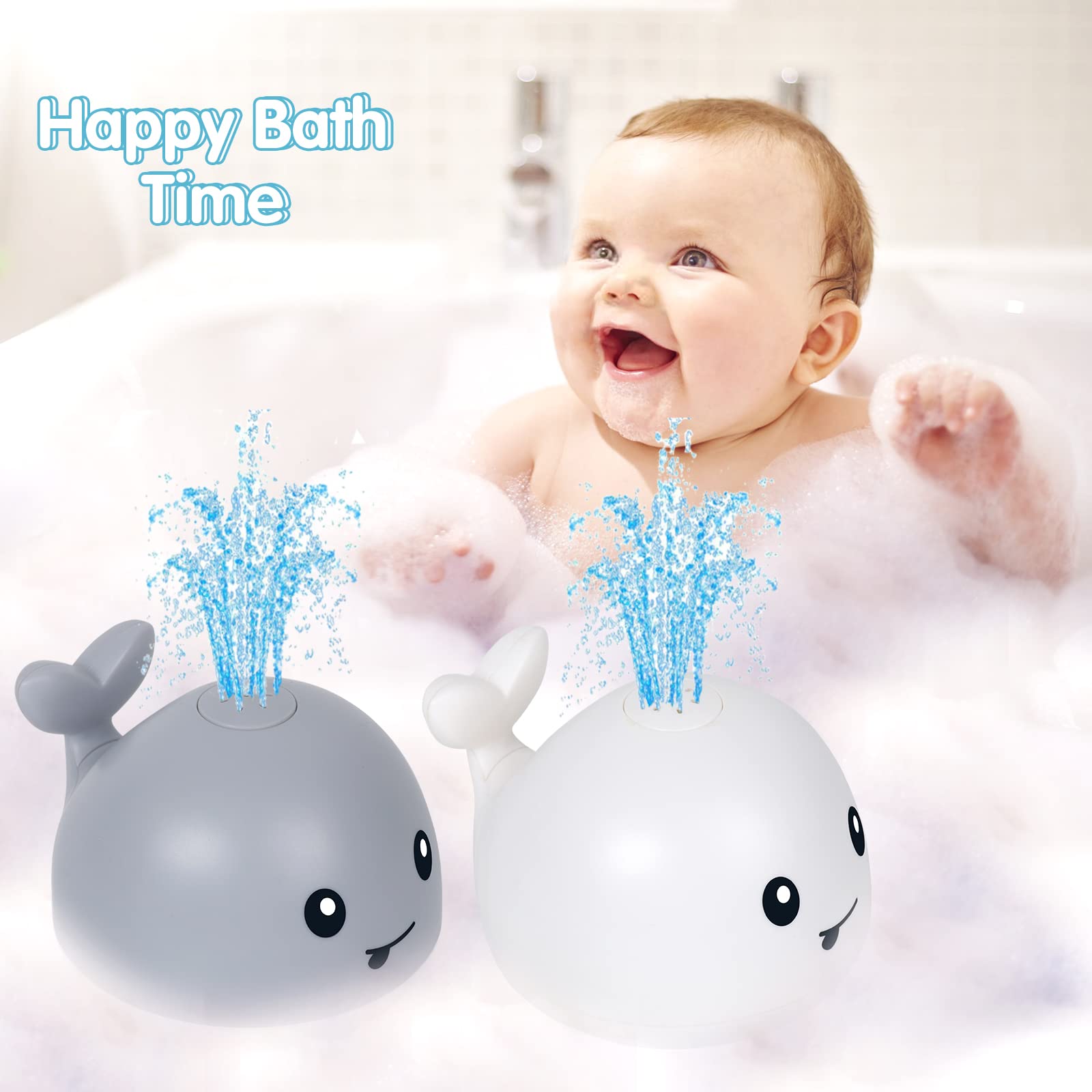 AOLIGE Baby Light Up Bath Toys for Kids (2pcs) Whale Bath Toy Sprinkler Induction Sprinkler Bathtub Toys (2PCS White & Grey Whale)