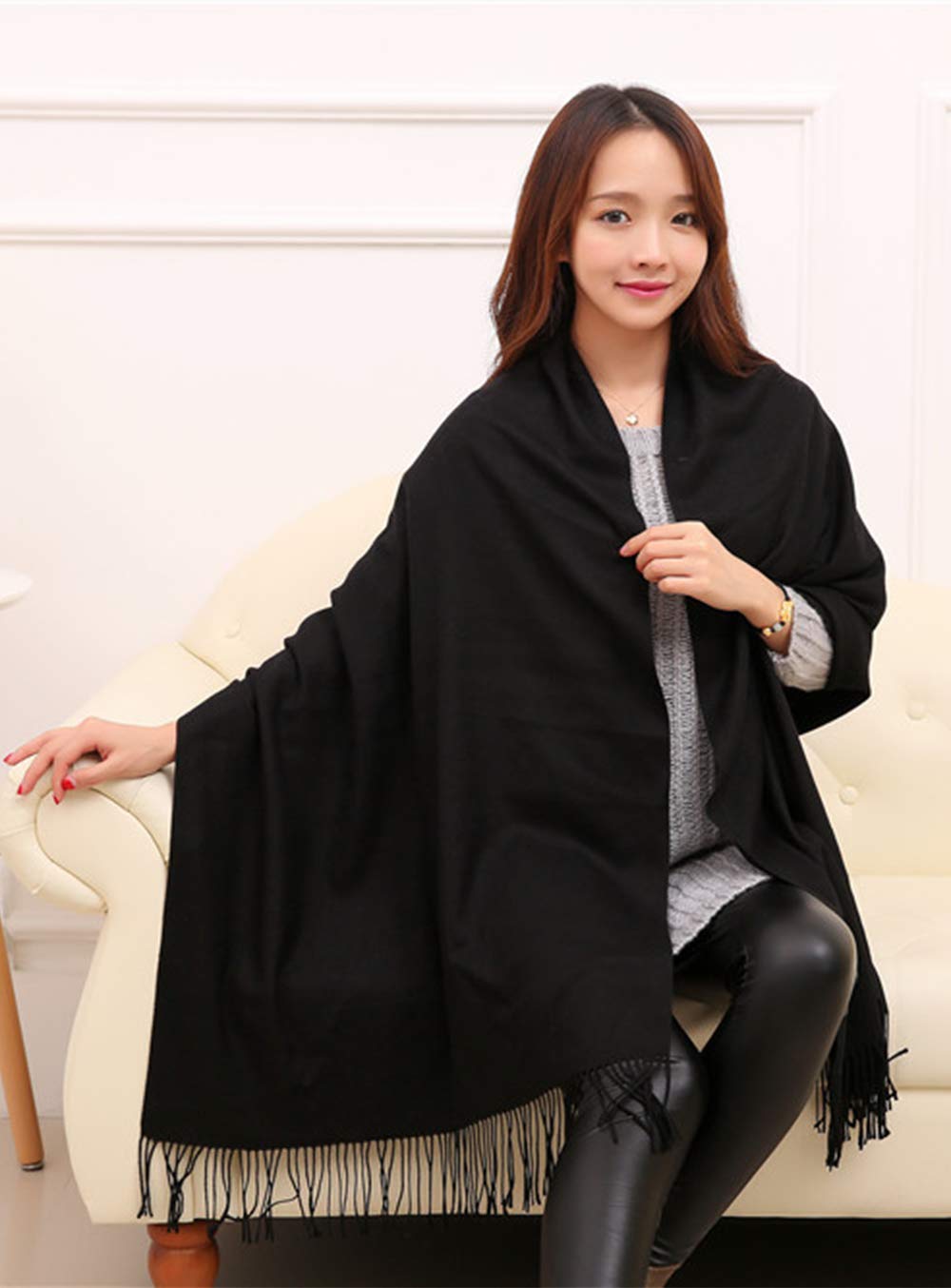 Anboor Super Soft Cashmere Blanket Scarf with Tassel Solid, Black, Size Large