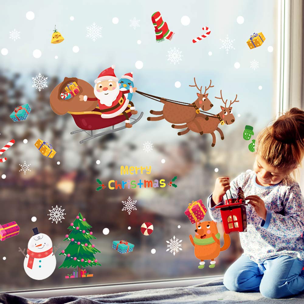 ANBER Christmas Tree Snowman Santa Claus Snowflake Sticker Peel &Stick Decals Removable Vinyl Wall Decals Window Xmas Self-Adhesive Holiday Home Decoration