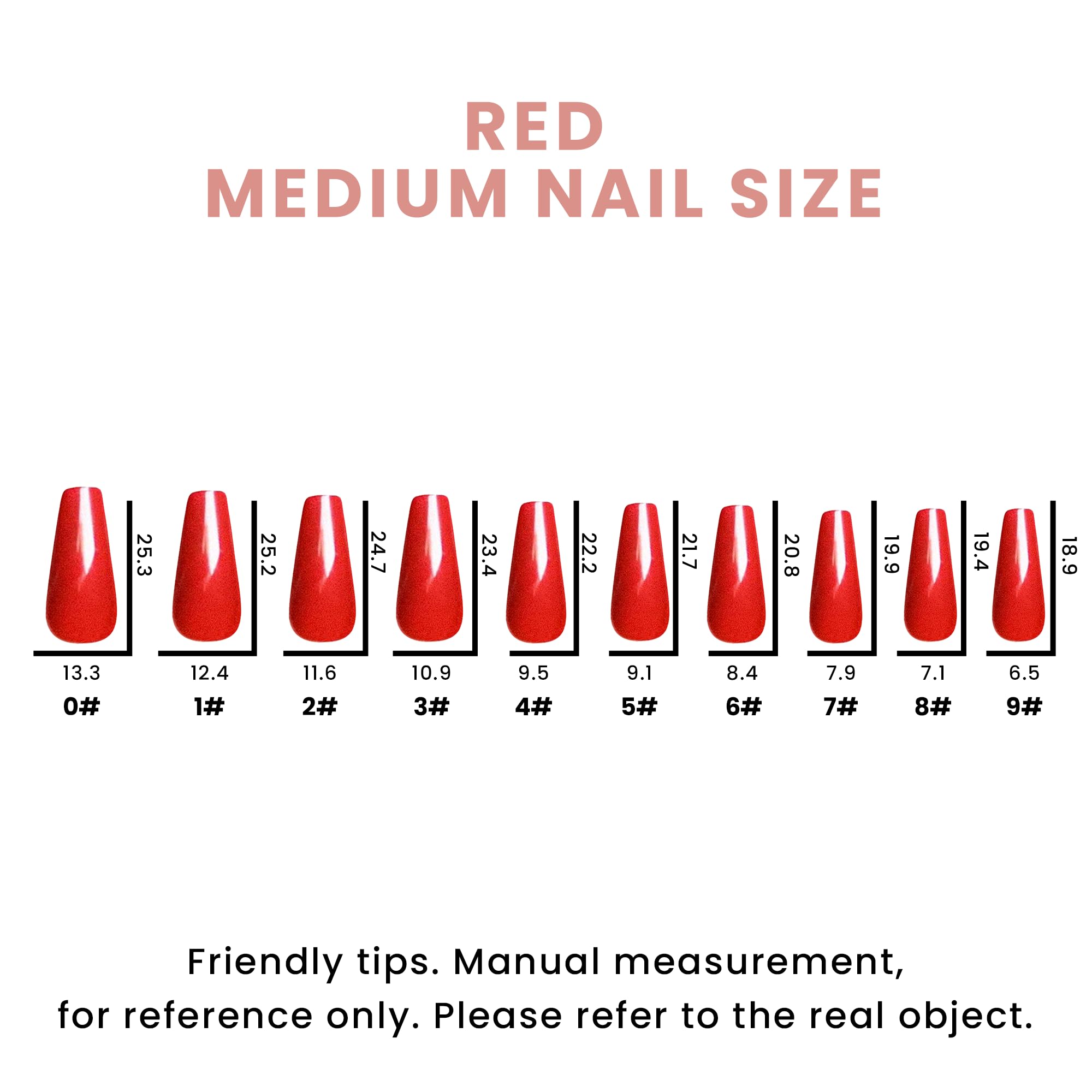 Allkem Press On Nails - Red Glossy Medium Long Tapered Ballerina | 10 sizes - 20 pcs Coffin Nail Kit with Glue
