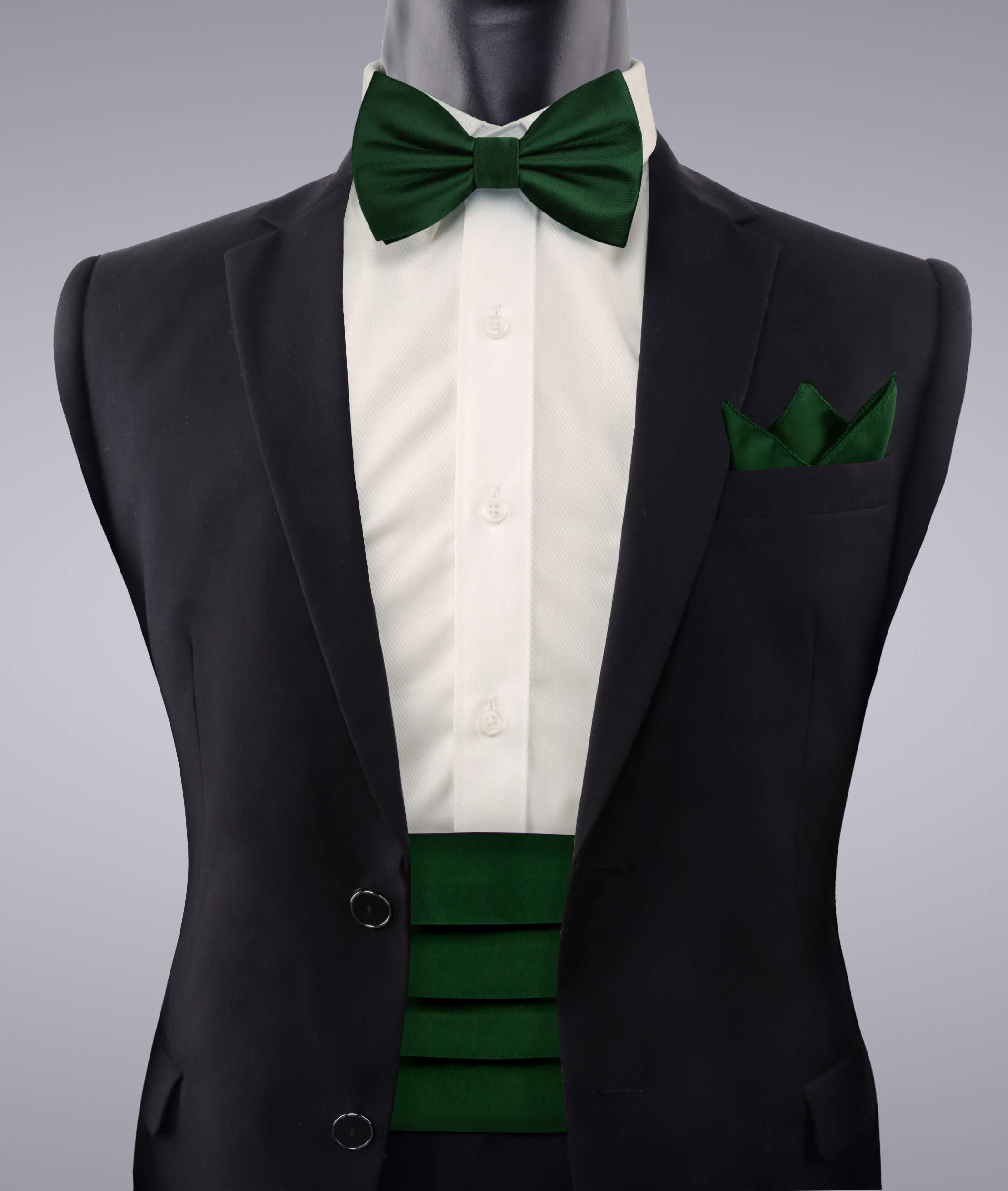 Alizeal Mens Prom Bow Tie, Handkerchief and Cummerbund Set (Solid Dark Green)