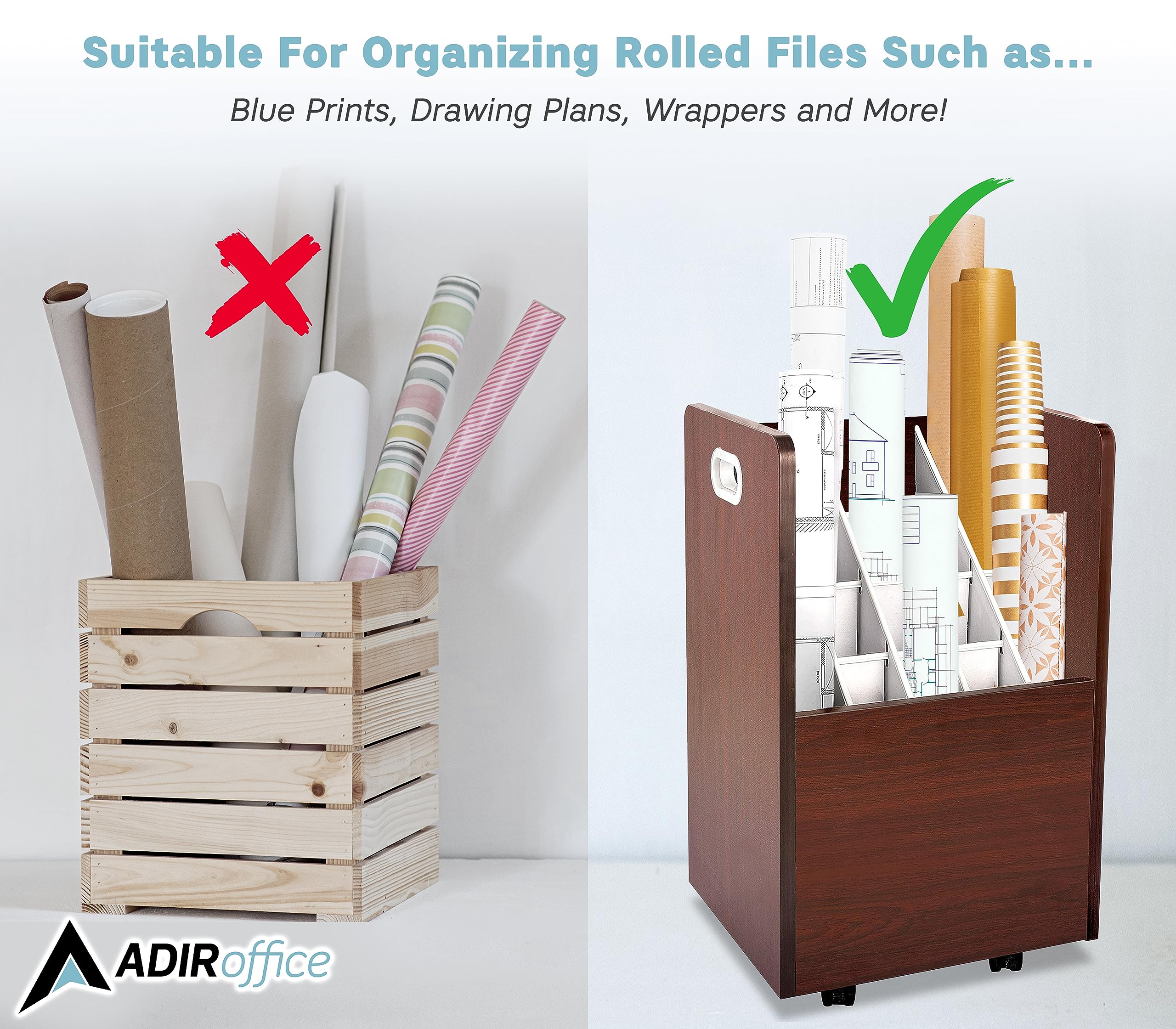 Adir Mobile Blueprint Roll File Holder - Mobile Roll File Organizer Cart for Home Office or School. 20 Slots Blueprint File Holder with Wheels for Maps, Plans, Posters