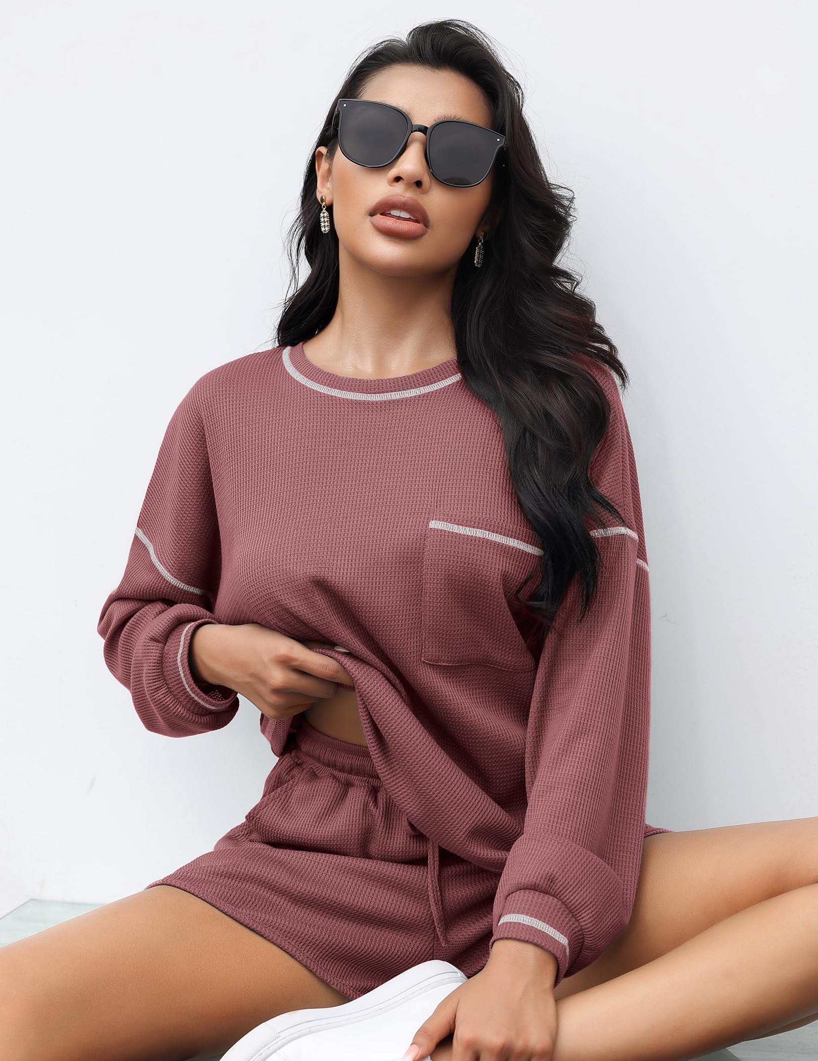 Andeip Lounge Set for Women Two Piece Long Sleeve Waffle Pjs Set Contrast Stitching Pajama Sets Red L