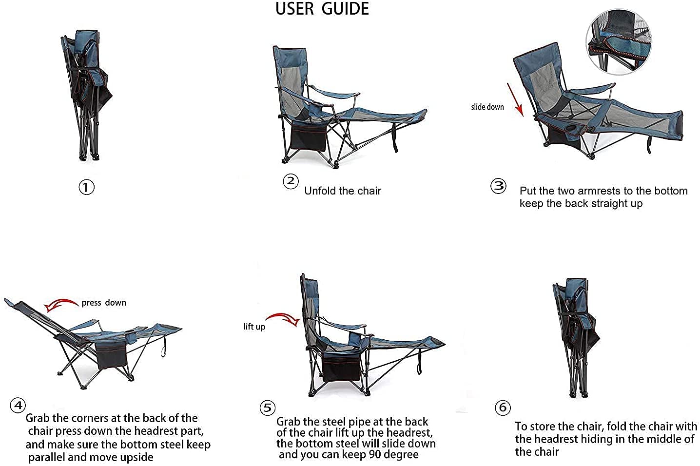 A AIKOOL Camping Recliner Camping Lounge Chair, Backpacking Folding Chair with Headrest, Footrest and Storage Bag for Outdoor Camping, BBQ, 300lbs Weight Capacity