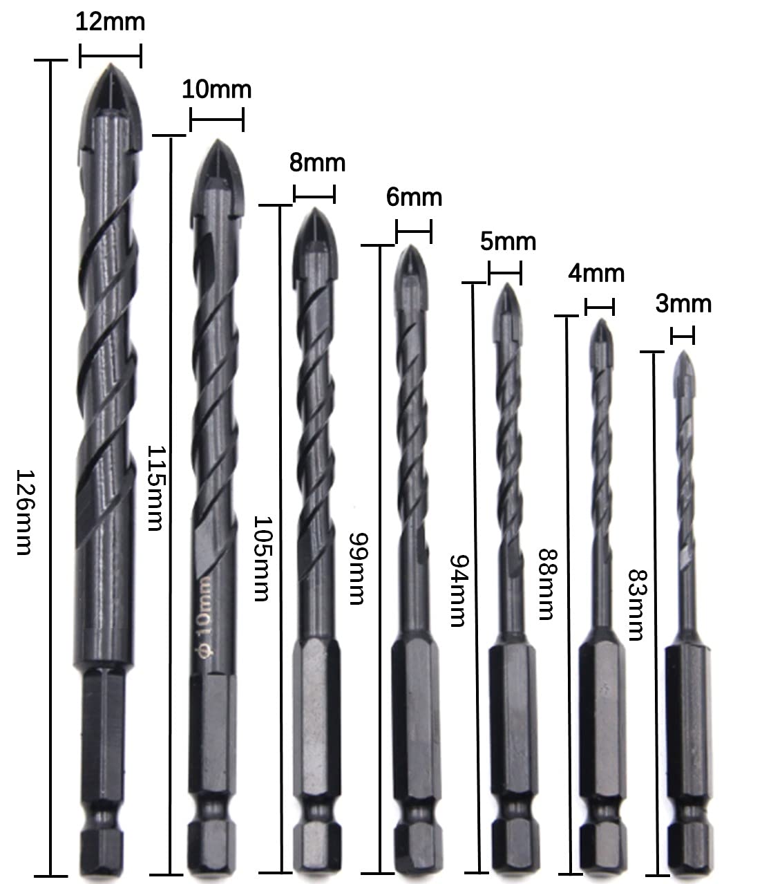 aiyun 7-Piece Concrete Drill Bit Set, 4 Cutting Edges Cross Spear Head Masonry Drill Bit Set, Carbide Tipped Tile Drill Bits (3-12mm(7-Piece), Black)