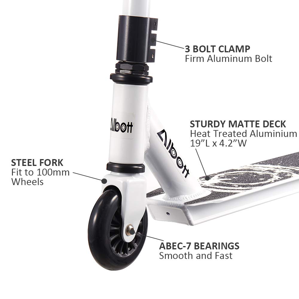 Albott Pro Scooters Stunt Scooter - Complete Trick Scooters Beginner Freestyle Sports Kick Scooter with Fixed Bar Scooter for 8 Years and Up,Teens,Adults (White)
