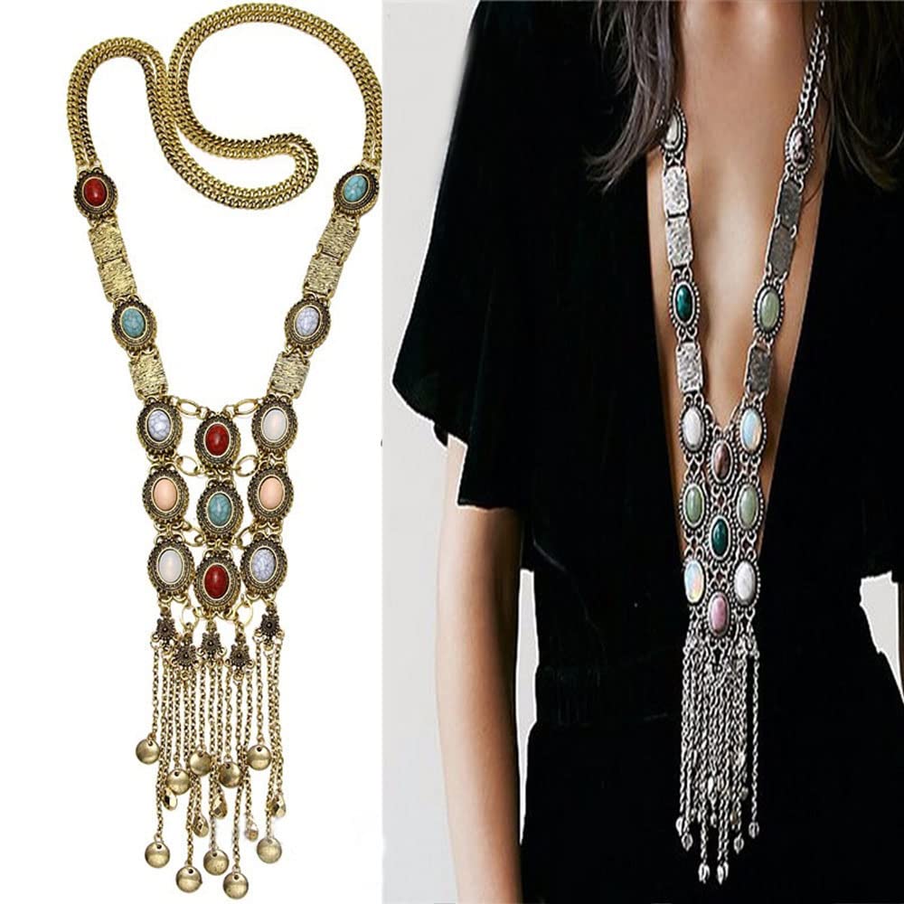 Asphire Bohemian Long Tassel Necklace Vintage Colorful Gemstone Turquoise Necklace Nepal Tibetan Ethnic Exaggerated Statement Accessories for Women and Girls (Gold)