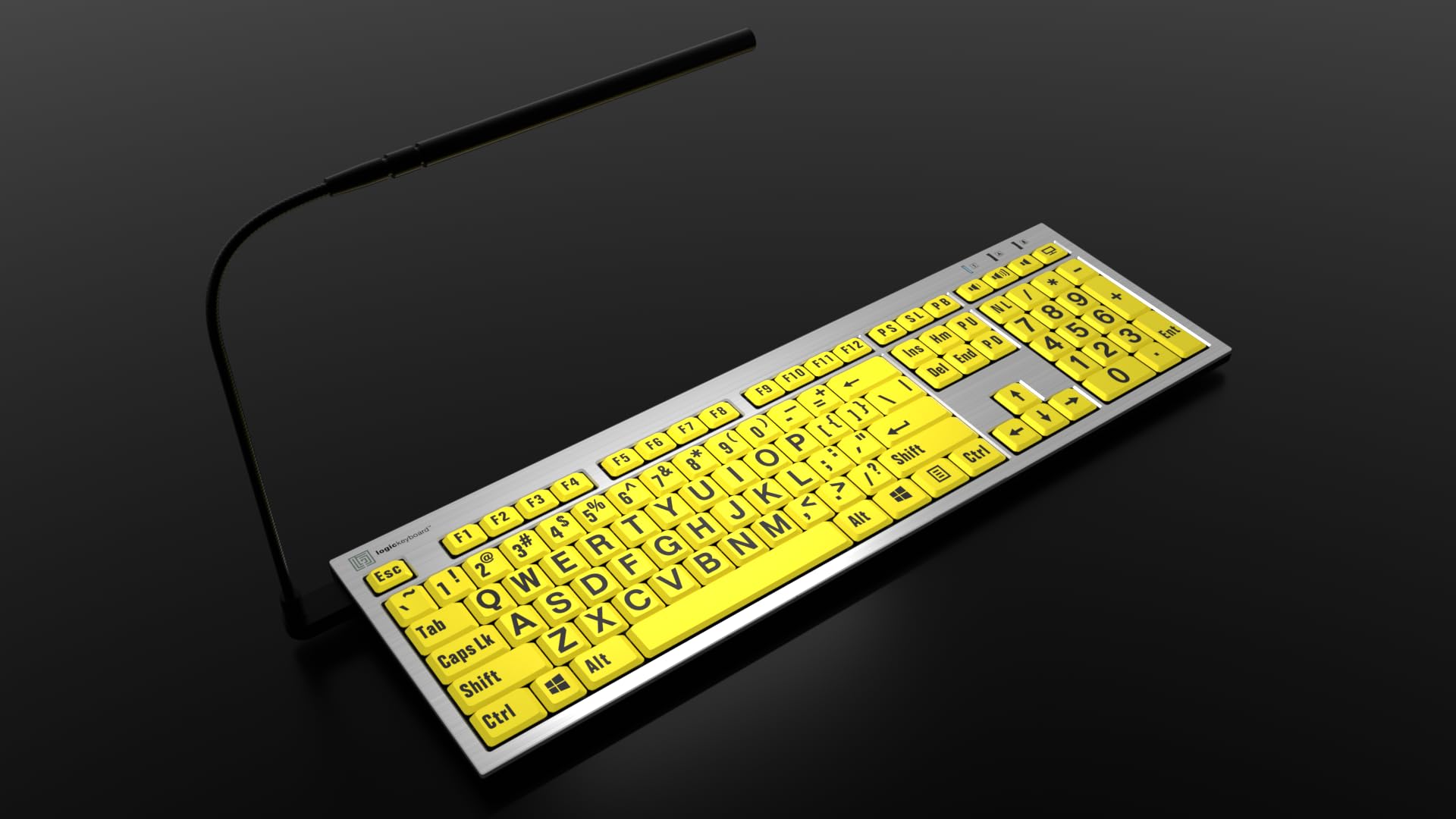 Logickeyboard 'Slimline' with Large Print • Black Letters on Yellow Keys • Made for Windows PC • Including LogicLight Lamp • p/n LKBU-LPRNTBY-AJPU-US